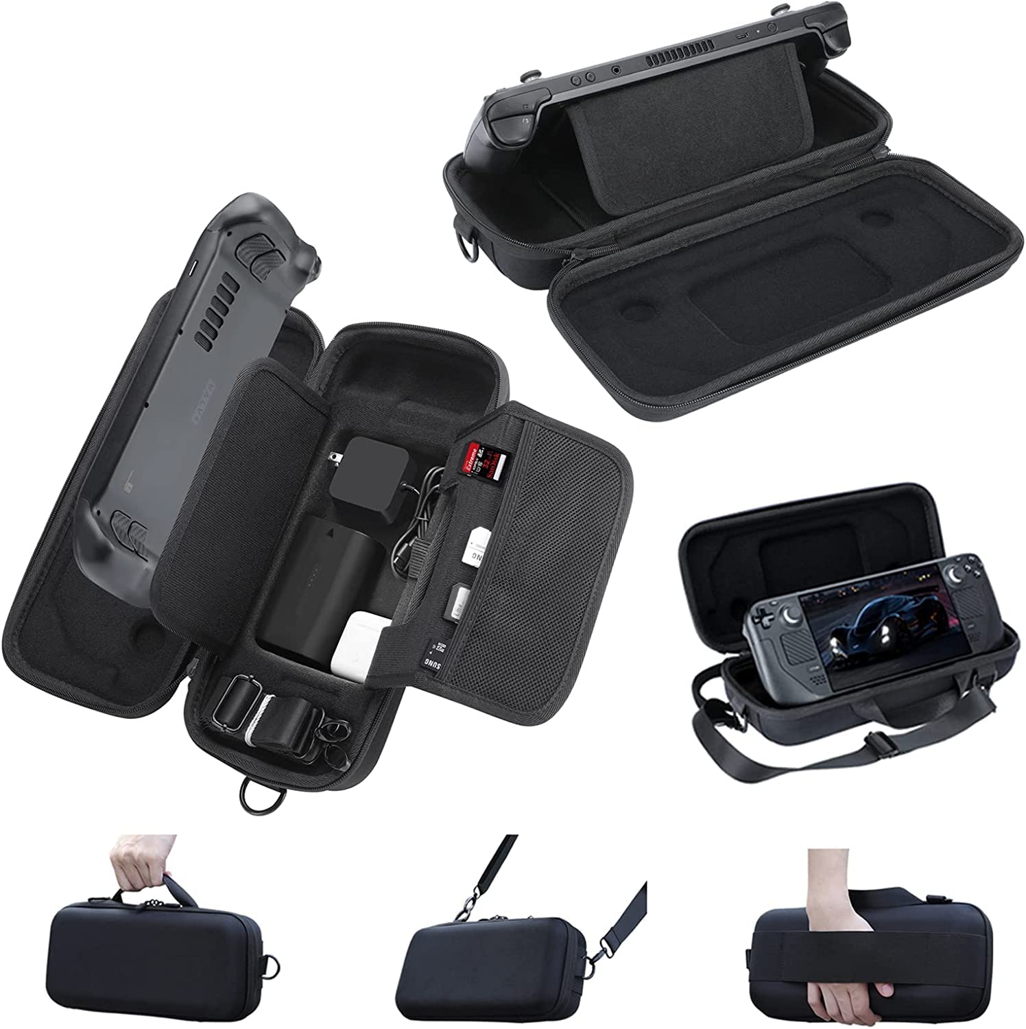 Xiufavty Steam Deck Carrying Case with Deeper Space & Sling Strap, Built-in Power Bank/AC Charger/Dock Storage, Elastic Belt Hard Shell Travel Carry Case Bag for Steam Deck with Any Protective Case