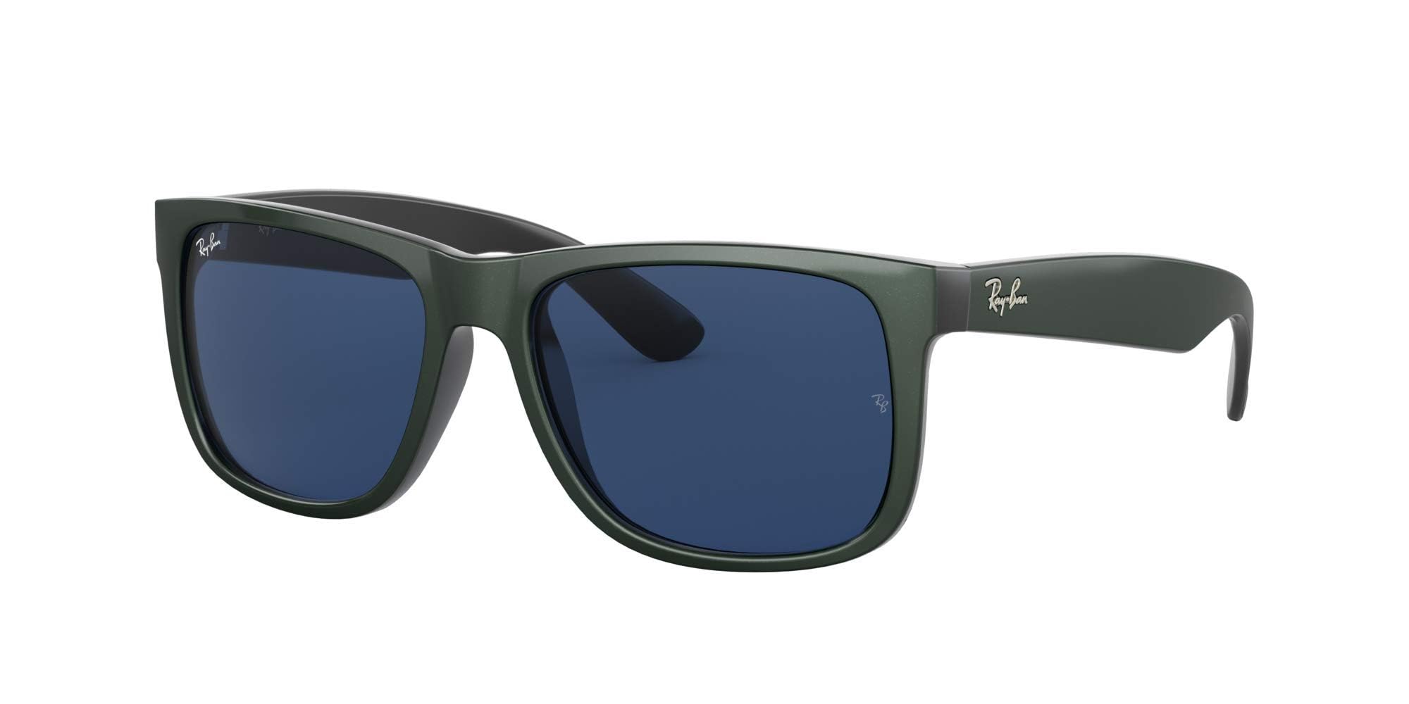 Ray-Ban RB4165 Justin Rectangular Sunglasses, Green Metallic On Black/Dark Blue, 51 mm