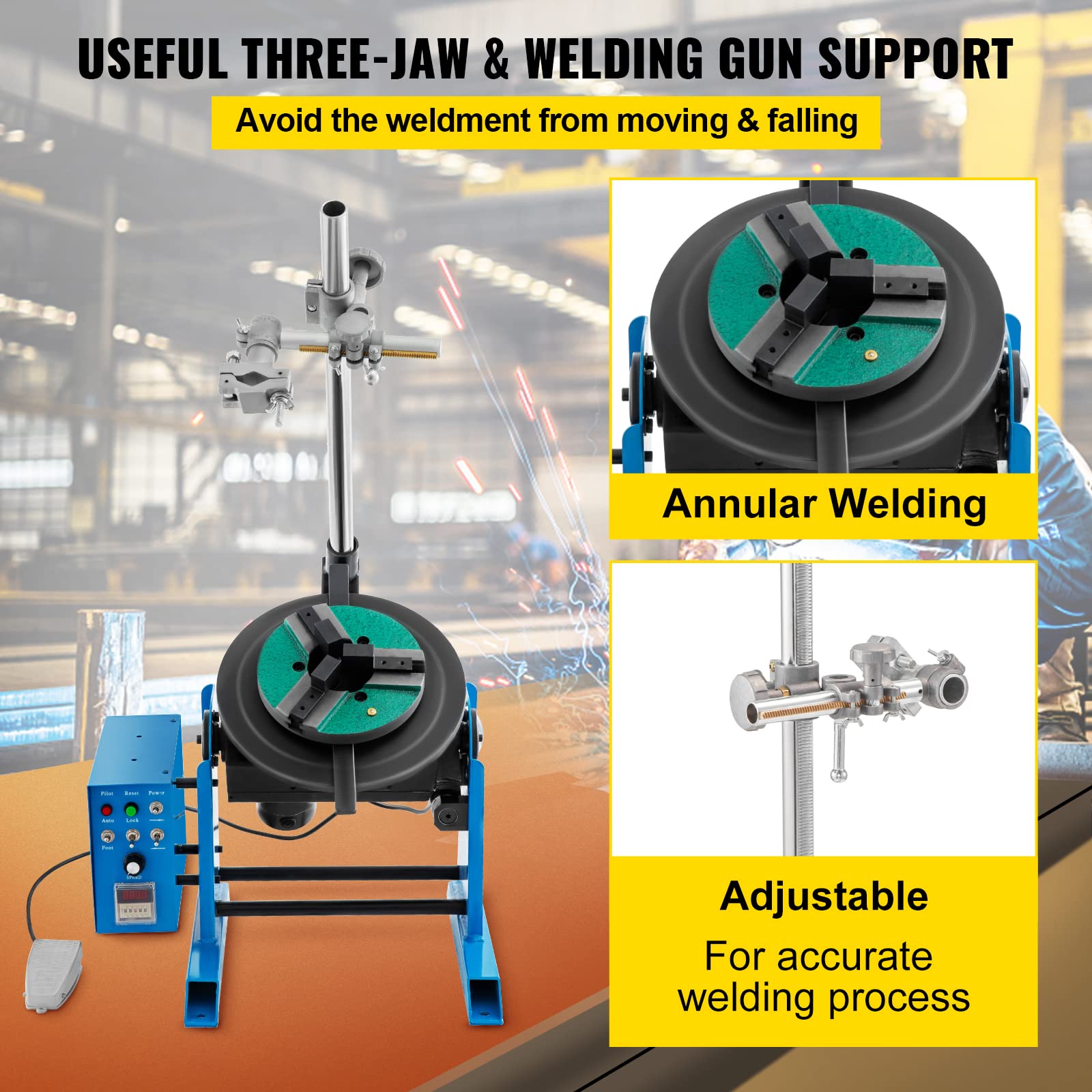 VEVOR Rotary Welding Positioner 30KG Welder Turntable Table 0-90º Positioning Turntable 1-15 RPM Welder Positioning Machine w/ 310mm 3-Jaw Lathe Chuck 110V for Cutting, Grinding, Assembly and Testing