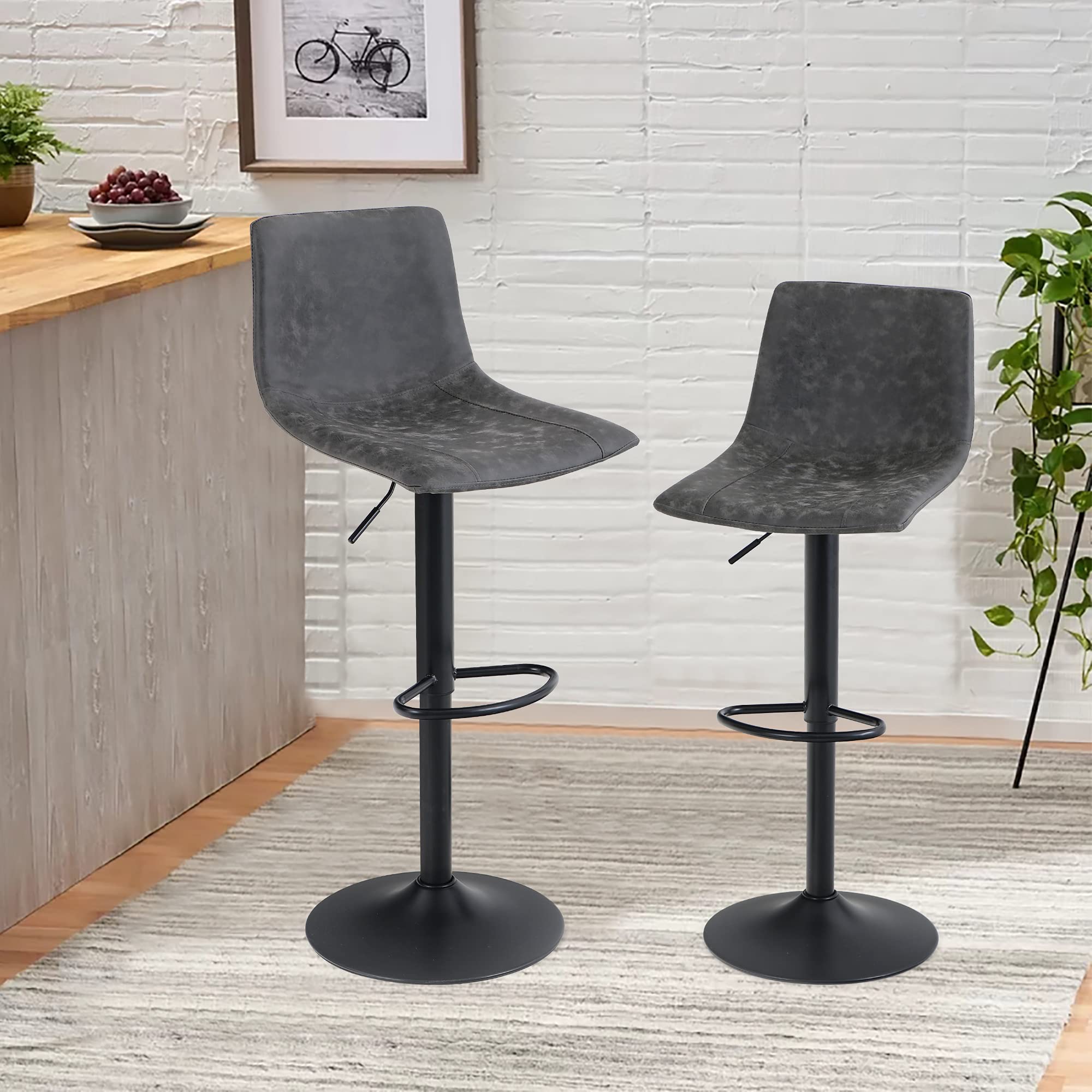 PHI VILLA Swivel Bar Stools Counter Height Set of 2, Adjustable Height, Low Square Back, Grey, 2 Packs