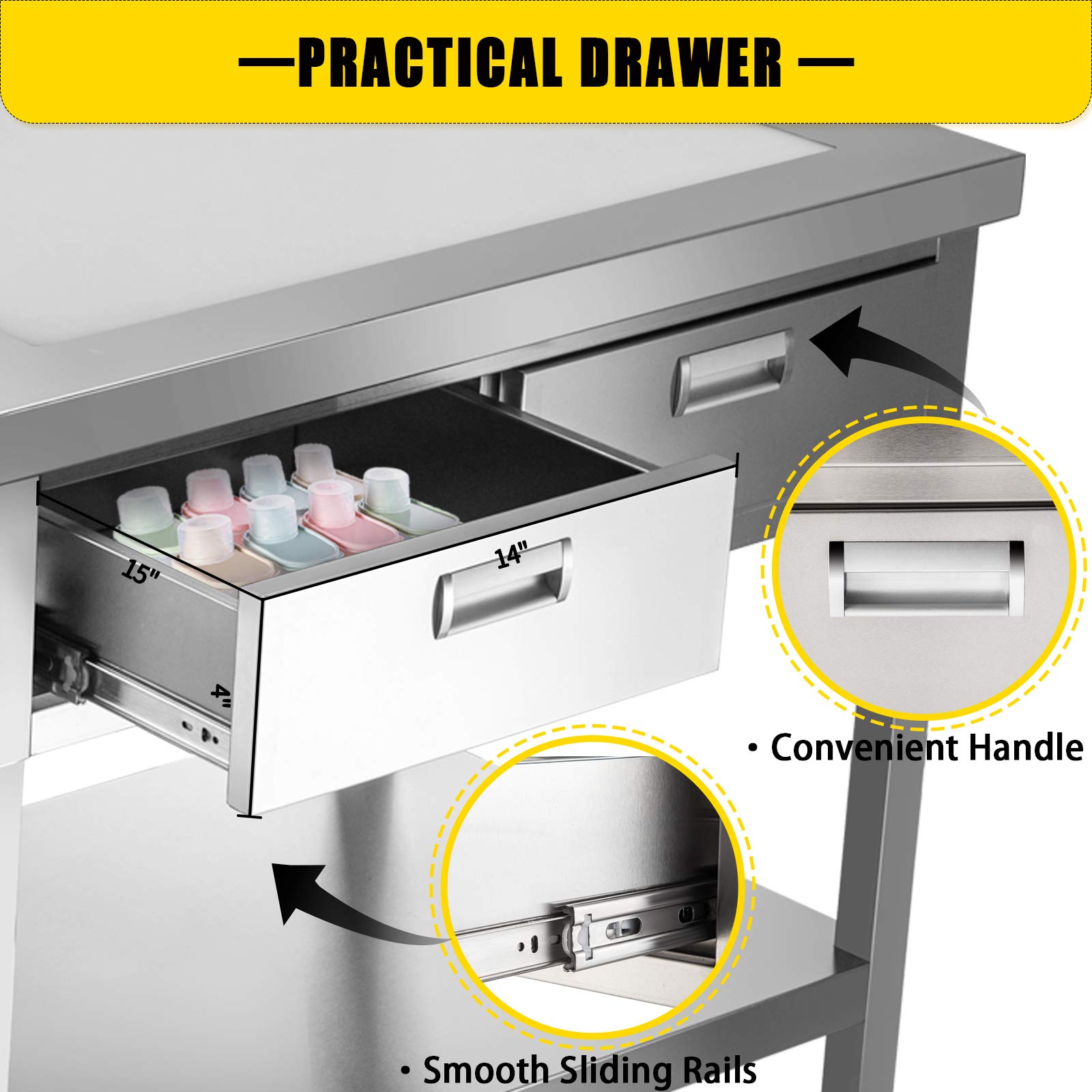 VEVOR Stainless Steel Work Table 24 x 48 in Commercial Food Prep Worktable with 2 Drawers, Undershelf and Backsplash, 992 lbs Load Stainless Steel Kitchen Island for Restaurant, Home and Hotel