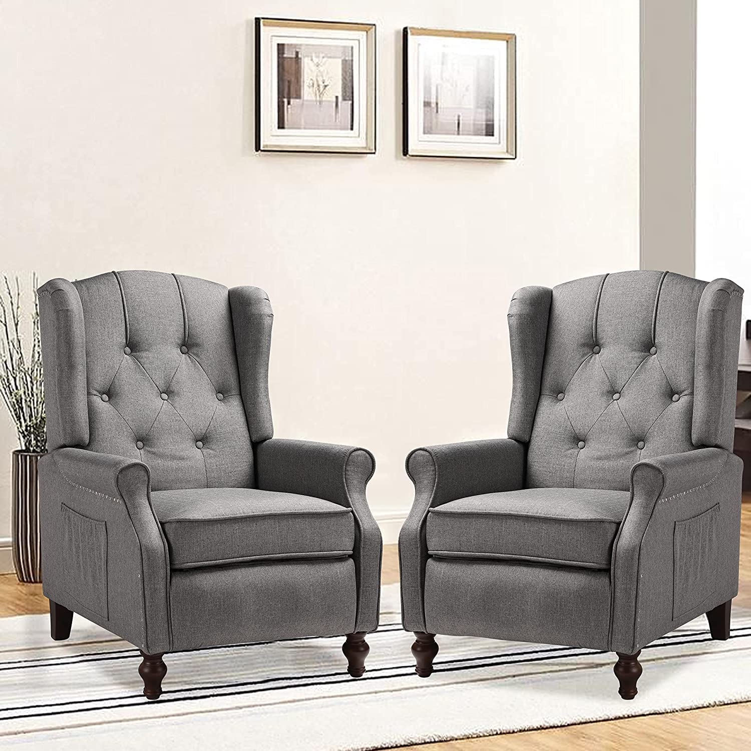 OQQOEE Wingback Recliner Chair Fabric Push Back Accent Chairs Diamond Tufted Reclining Armchair with Adjustable Backrest and Thicken Padded Cushions for Living Room, Bedroom (Fabric, Dark Grey)