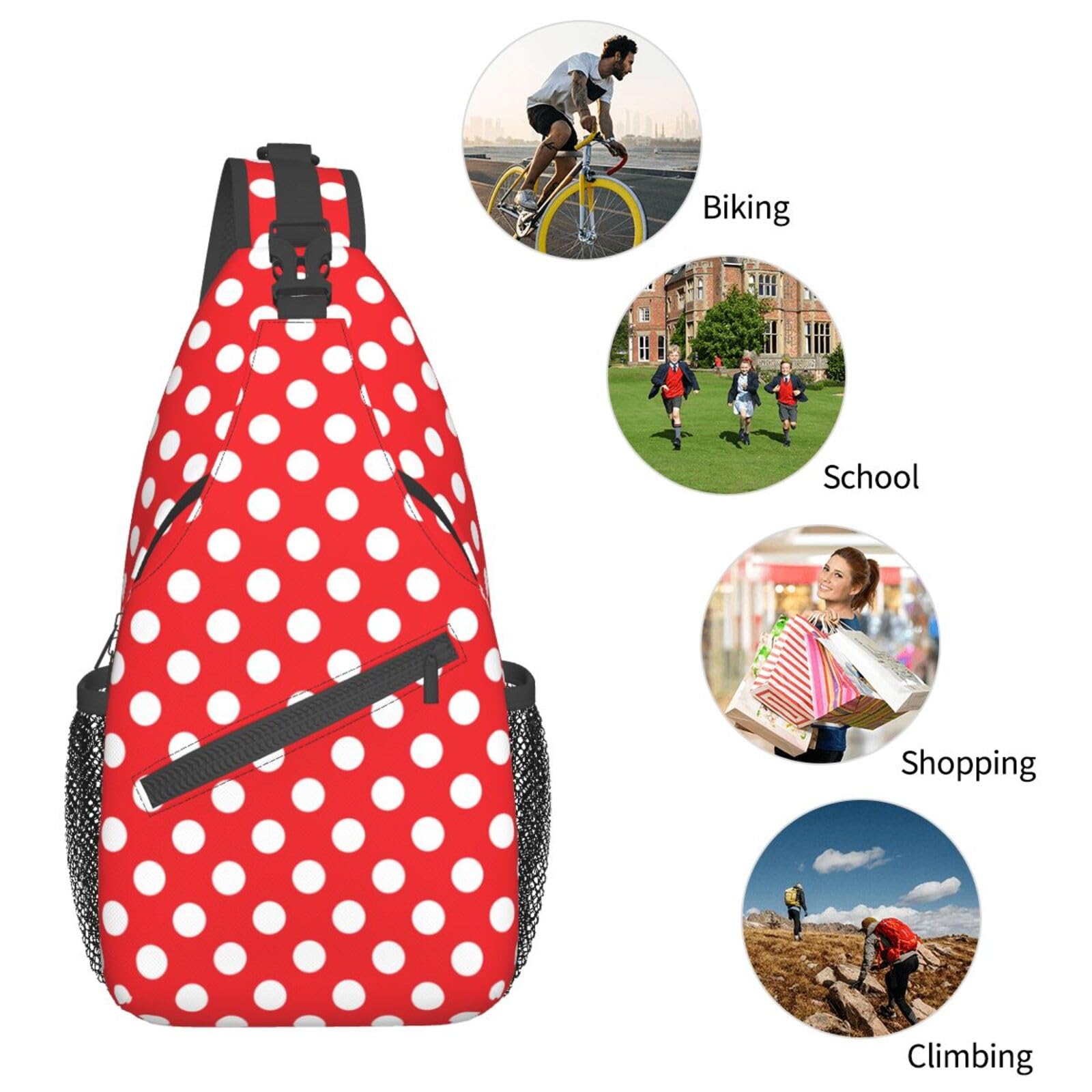 Red White Polka Dot Sling Bag Crossbody Travel Hiking Backpack Daypack for Women Men Unisex,Shoulder Chest Bags Cycling Gym