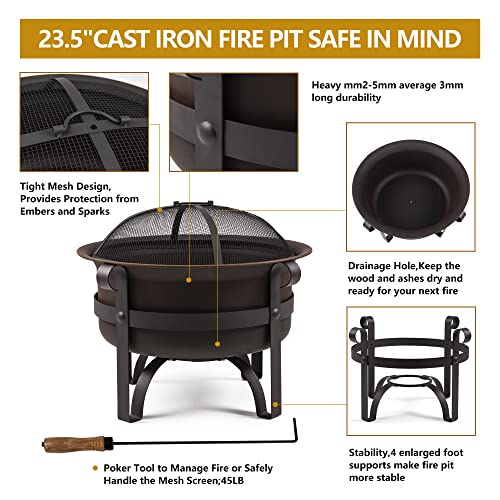 WeCooper Steel Cauldron Fire Pits, Outdoor Round Wood Burning Fire Pit Bowl with Mesh Screen,Fireplace Poker,23.5Inch