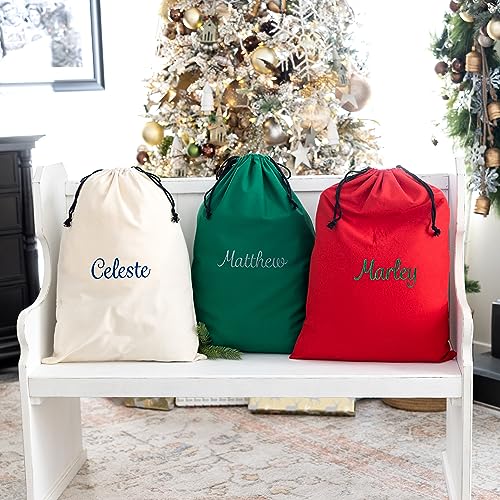 Qualtry Personalized Santa Sack Christmas Bag for Kids Presents (White 19.5โ x 26โ) - Large Cotton Sack with Drawstring - Giant Toy Bag with Embroidered Name