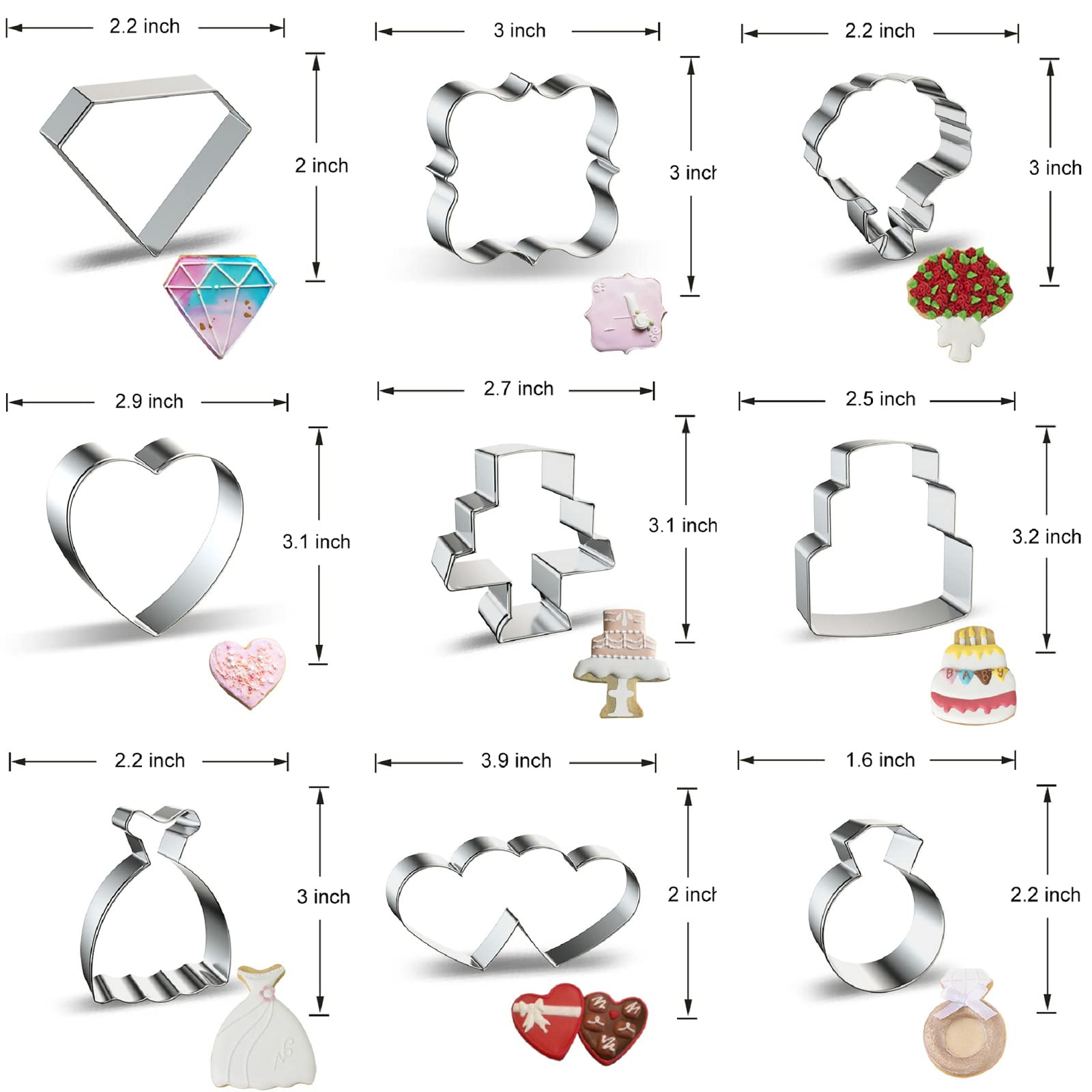 Wedding Cookie Cutters Shapes Set for Baking 9-Piece Square Plaque, Wedding Cake, Wedding Dress, Diamond Ring, Double Heart, Jewel Gemstone, Flower Bouquet, Heart Cookie Cutter Biscuit Fondant Molds