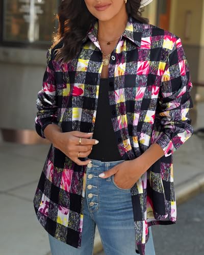 Plaid Jackets for Women Flannel Colorful Plaid Shirt Fall Button Down Blouses Patchwork Casual Long Sleeve Shirts