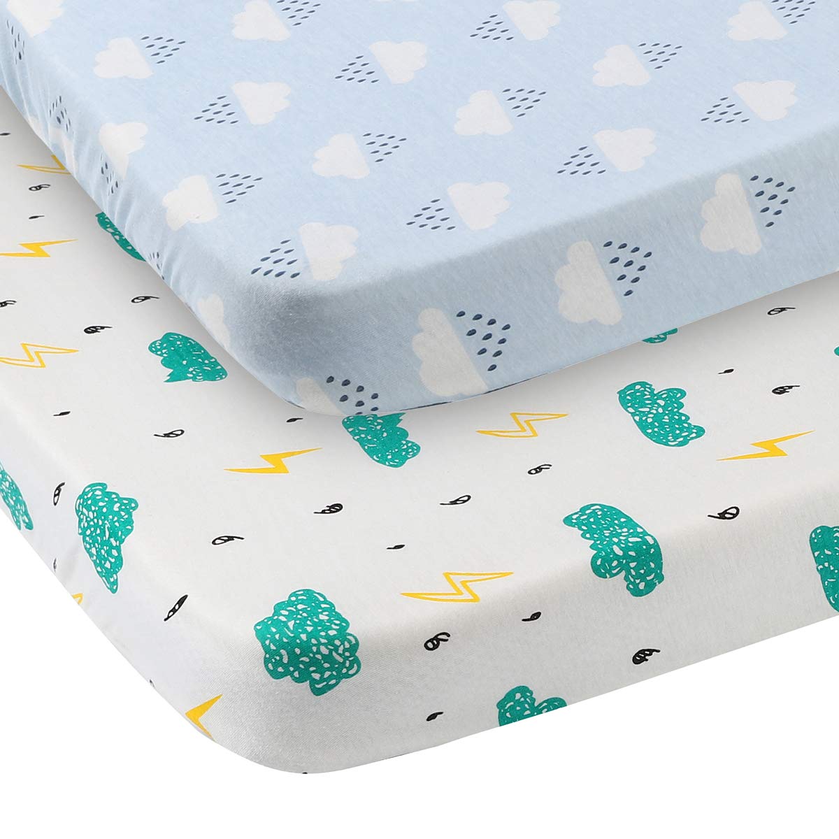 Pack n Play Playard Fitted Sheet 2 Pack, Ultra Soft Stretchy Jersey Cotton Portable Mini Crib Sheets, Clouds and Raindrops Prints, White and Blue