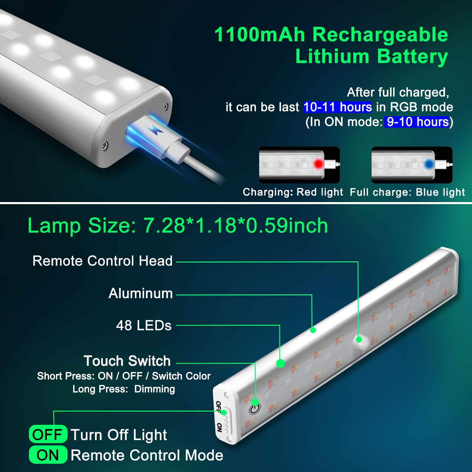 Under Cabinet Lights Wireless, Dimmable 48 LED Closet Lights Rechargeable, Under Counter Lighting with Remote, 15 Color Changing Night Light RGB Bar for Home Shelf Kitchen Pantry Stair, 4 Pack