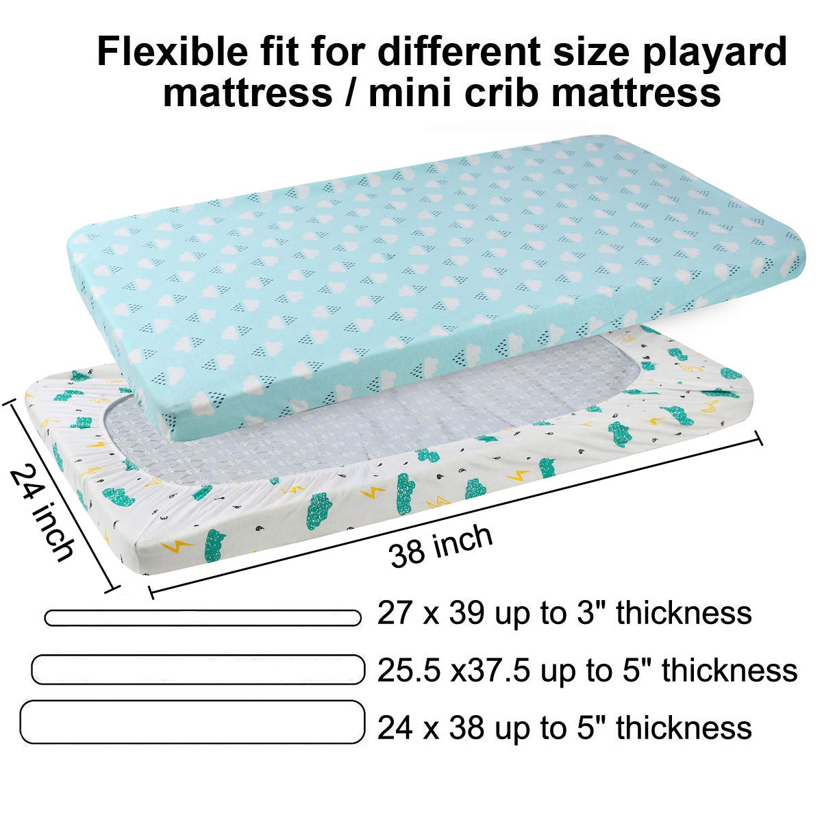 Pack n Play Sheet Fitted 2 Pack Playard Mattress Cover 100% Jersey Cotton Ultra Soft Stretchy Portable Mini Crib Sheets for Baby, Clouds Raindrops Prints Green and White