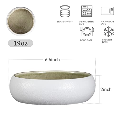 Uaral Salad Bowl Large Serving Bowl 18 Ounce Appetizer Bowls 6.5inch Ceramic Shallow Bowl Set of 4, (White Texture&Green)