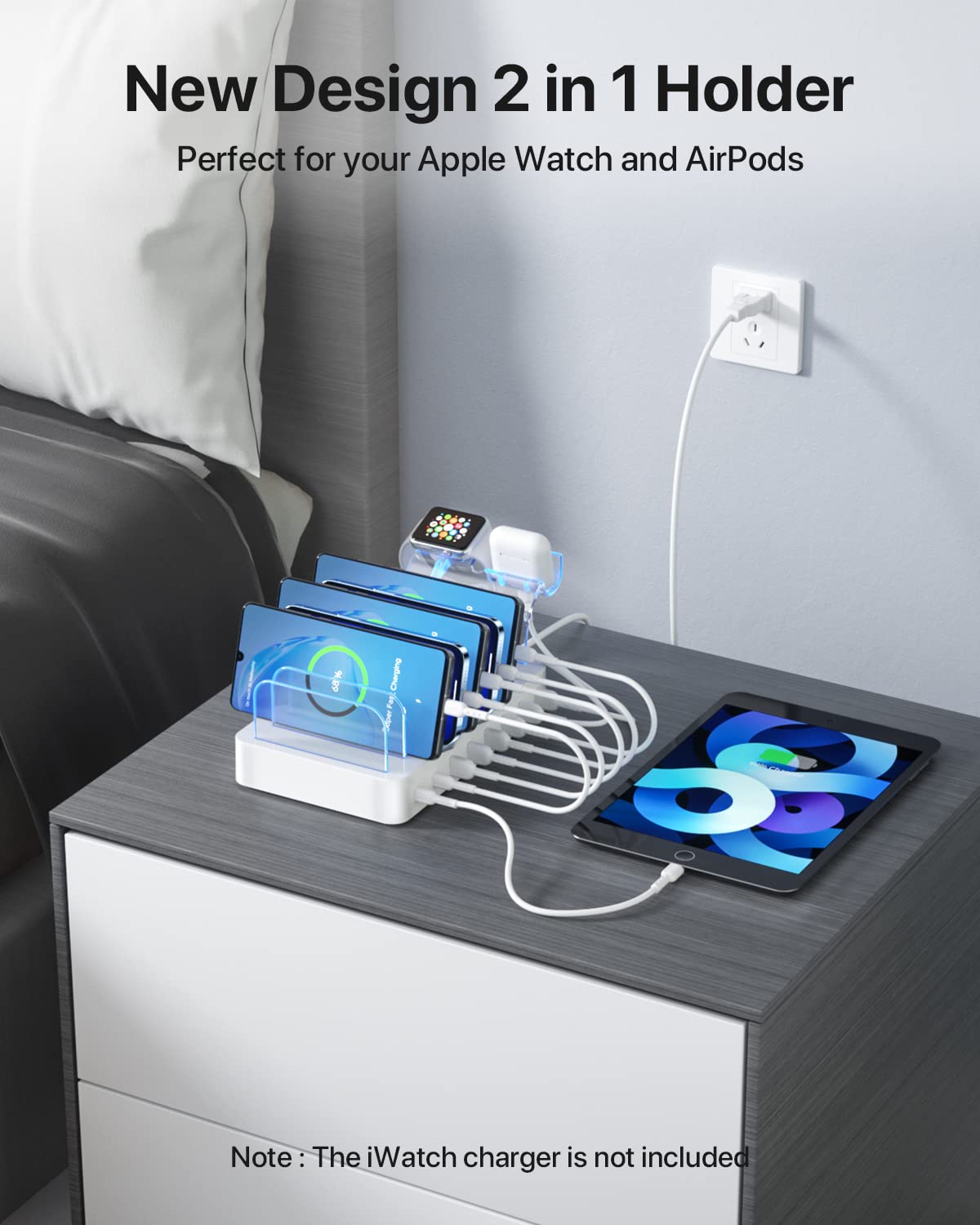 SooPii 8-Port USB-C Charging Station for Multiple Devices, with 1 PD 20W Port Supports Fast Charging, 8pcs Mixed Charging Cables and 1pcs Upgraded Holder for lWatch Charger & Air-Pods, White