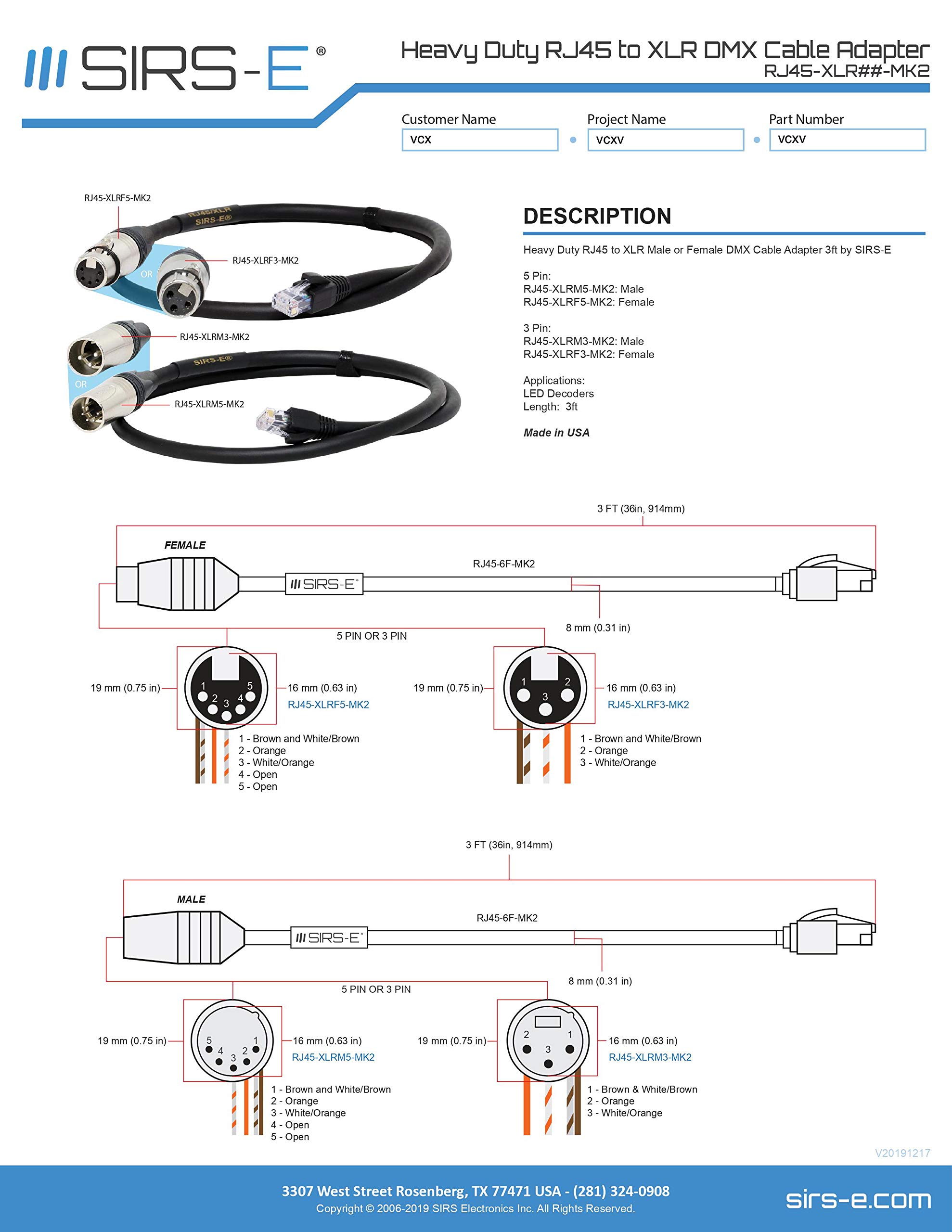 SIRS-E Heavy Duty DMX XLR 3 Pin Female to RJ45 Male 3Ft Cable Adapter for LED Lighting DMX512 Decoders