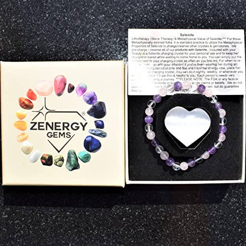Zenergy Gems Charged Natural Amethyst + Clear Quartz + Rose Quartz 6mm Bead Bracelet + Selenite Charging Heart [Included]