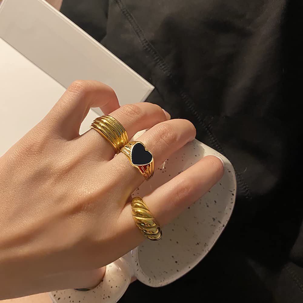 WFYOU 8PCS 18K Gold Plated Chunky Rings for Women Thick Dome Chunky Gold Ring Set Croissant Signet Minimalist Statement Ring Jewelry Size 5-9