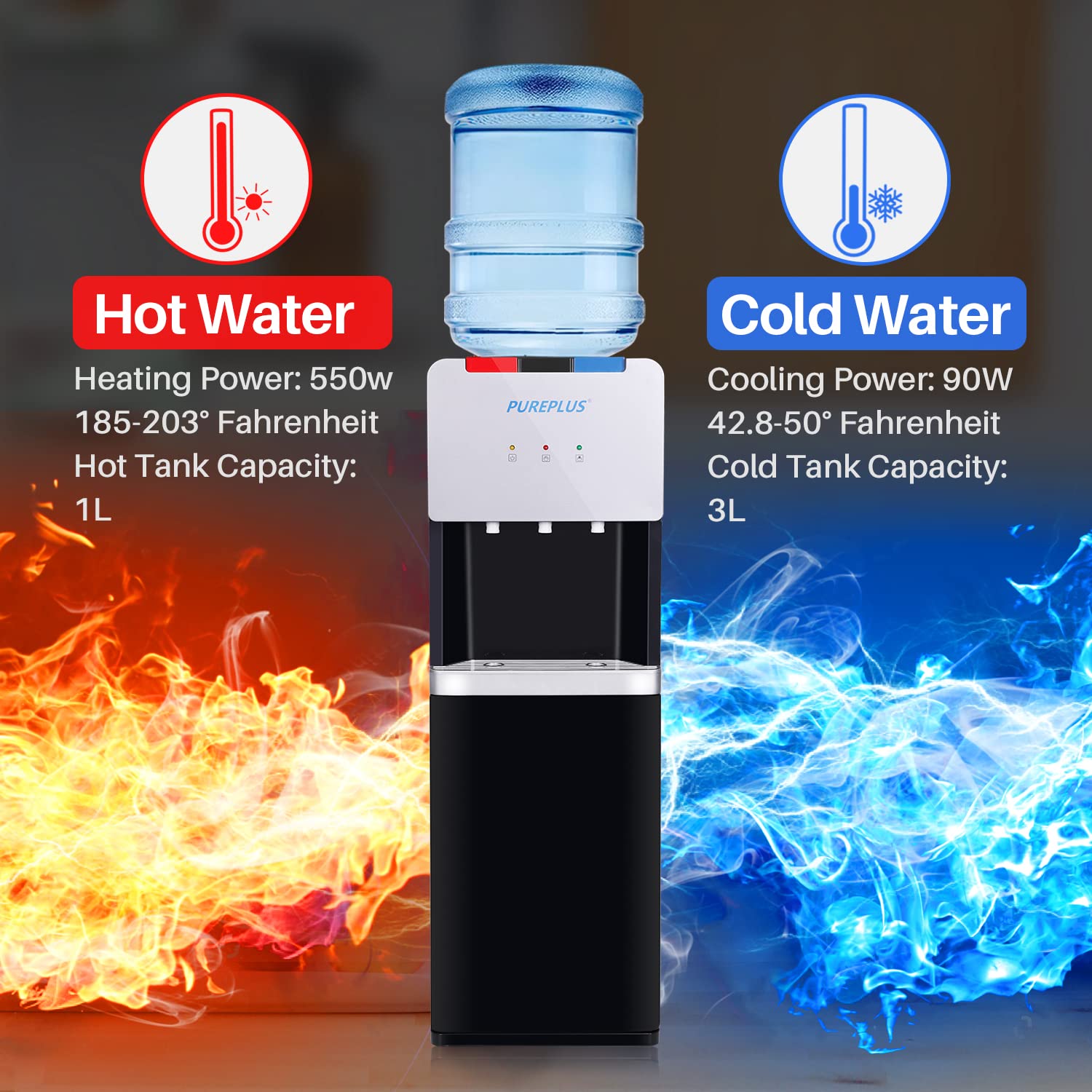 PUREPLUS Water Cooler Top Loading Water Dispenser, Hot Cold & Room Temperature Water, Child Safety Lock, Holds 3 or 5 Gallon Bottles, Compression Refrigeration Technology, ETL Approved, Black