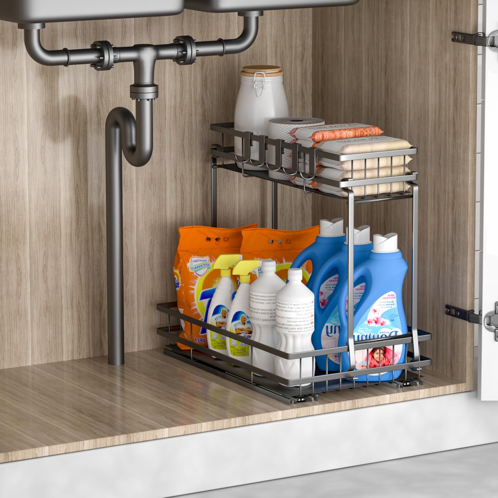 Under Sink Organizers and Storage, MEGAGURU 2-Tier L-Shape Heavy Duty Metal Pull Out Cabinet Organizer for Under Sink Organizer, Multi-Purpose for Under Kitchen Bathroom Sink Organizers and Storage
