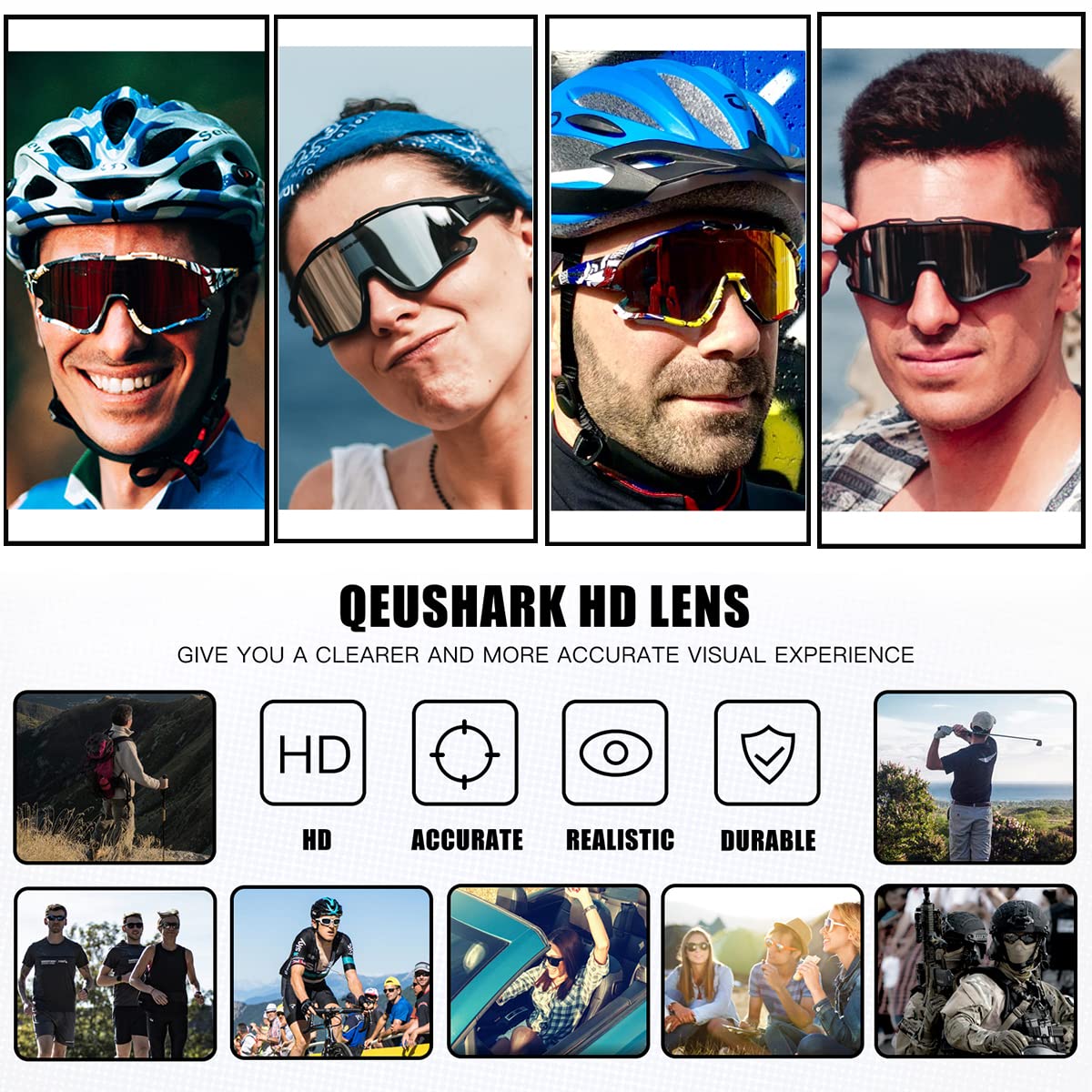 Queshark Sports Cycling Sunglasses 4 Lens Anti UV400 for Men Women HD Polarized
