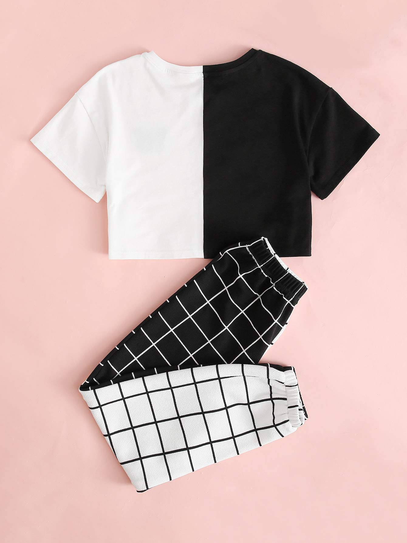 SOLY HUX Girl's 2 Piece Outfits Colorblock Butterfly Tee Top and Plaid Pants Set Black White 10Y