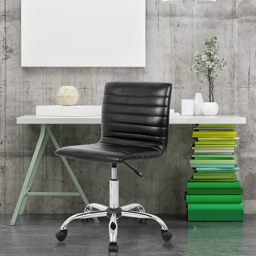 RIMIKING Mid Back Armless Leather Vanity Chair Computer Chair Task Chair Desk Chair Swivel Home Office Chair, Adjustable Height, White