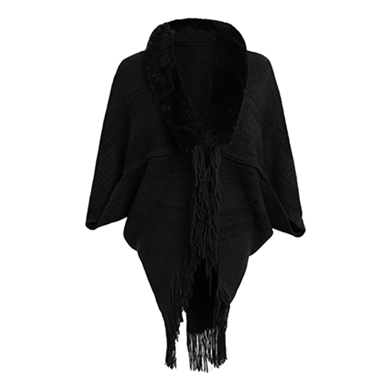 Women's Fringe Cape Cardigan Size Scarf Top Plush Shawl Wrap Baggy Banquet Bat Sleeve Short Coat 11119 (Black, One Size)