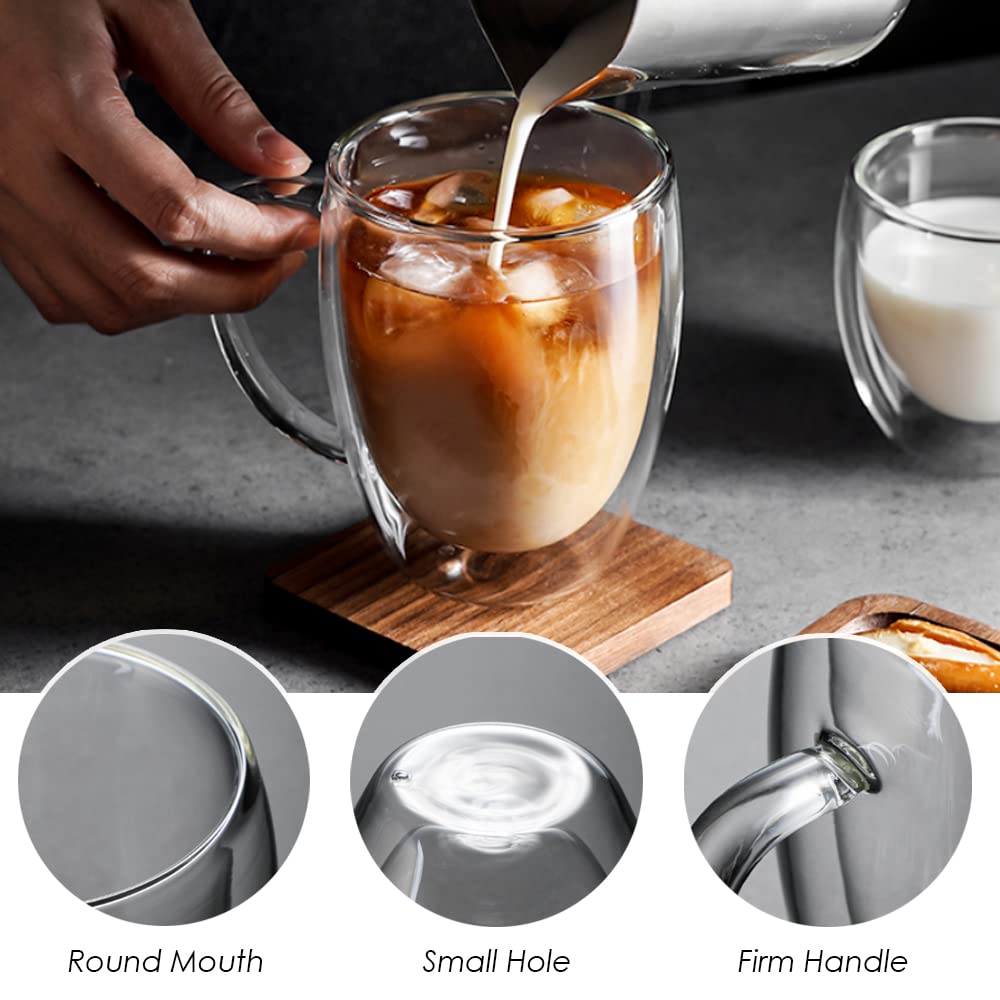 Ulrikco 12 oz Double Walled Glass Coffee Mugs, Clear Cappuccino Glass Mug Set of 4, Double Insulated Glass Coffee Mugs with Handle, Latte Mug, Espresso Mug Cups for Hot/Cold Drinks, Dishwasher Safe