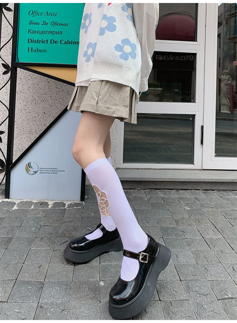Sahabowi White Pearl Flower Handcraft Calf Socks For Women, Nylon Silk High Knee Stockings, Elastic Stretch Thin(HS2023042407white, 1pair)