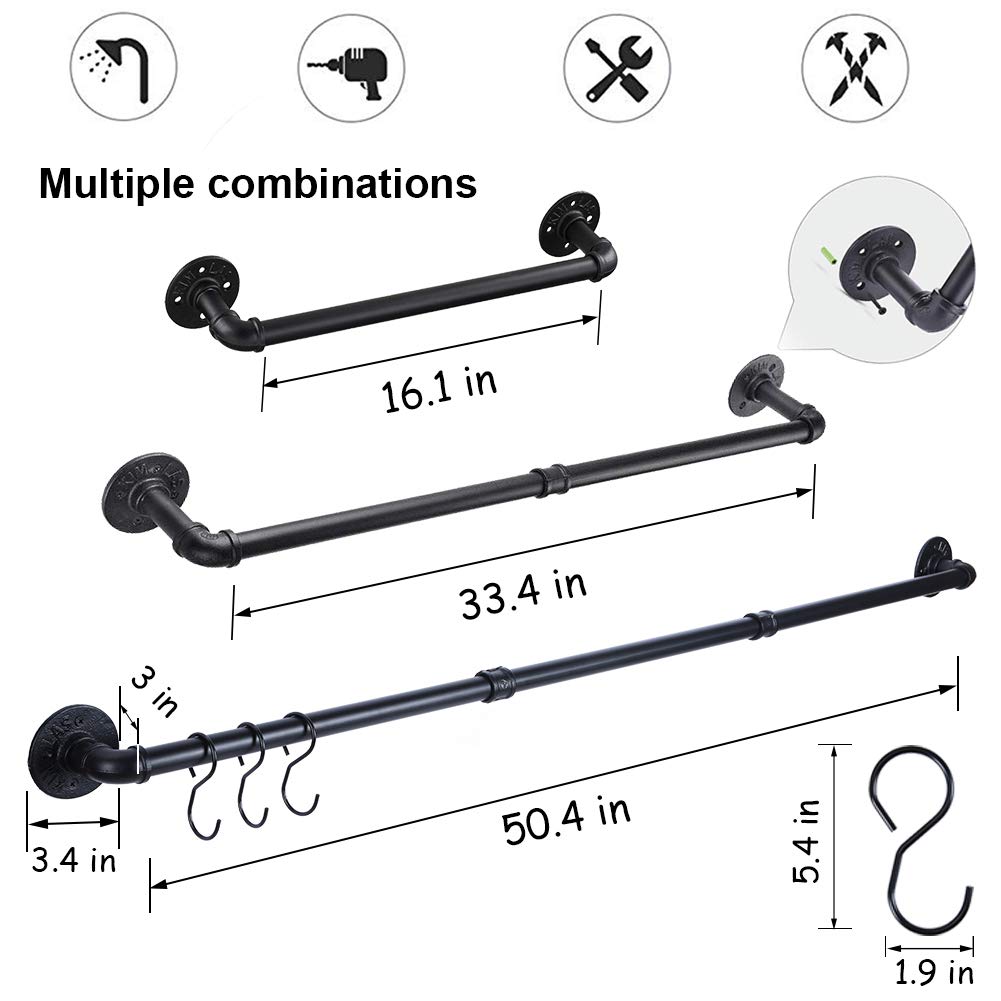 WuGeShop 50.4 Inch Pot Bar Rack with 15 Hooks, Pipe Pot Rack Wall Mounted Hanging Pan Organizer, Multipurpose Industrial Rail Kitchen Lids Utensils Hangers