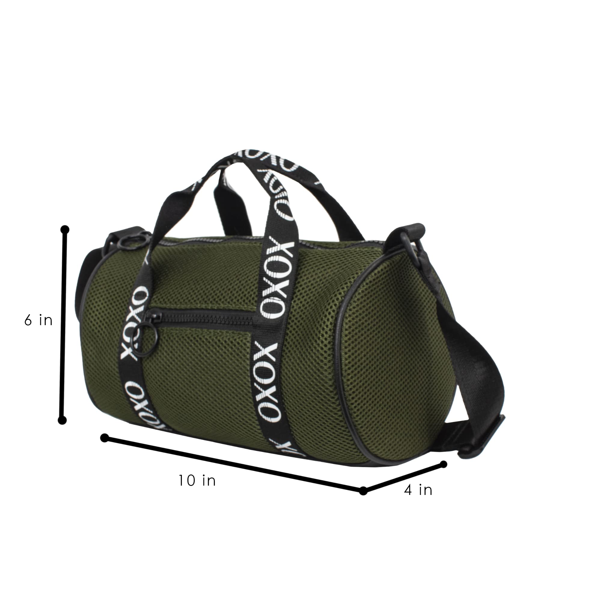 XOXO Women's Fabric Green Mesh Barrel Bag With Dual Top Handles And Adjustable Shoulder Strap