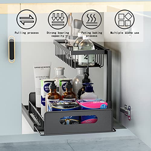 Under Sink Organizers,2-Tier Under Sink Organizers and Storage,Drill-Free Rustproof Stainless Steel Pull Out Shelf with Non-Slip Feet for Kitchen Bathroom, Black