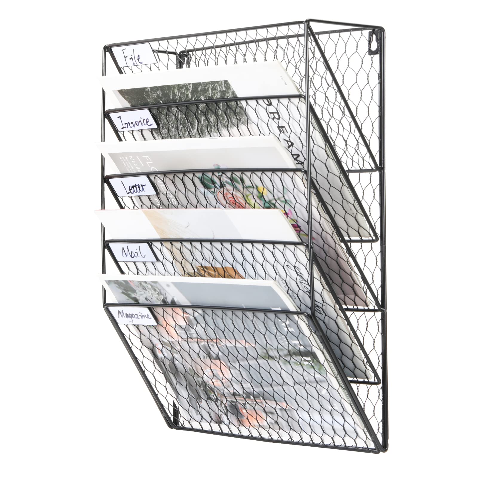 PAG Hanging Wall File Holder Office Wall Organizer Mail Sorter Metal Chicken Wire Literature Rack, 3-Tier, Black