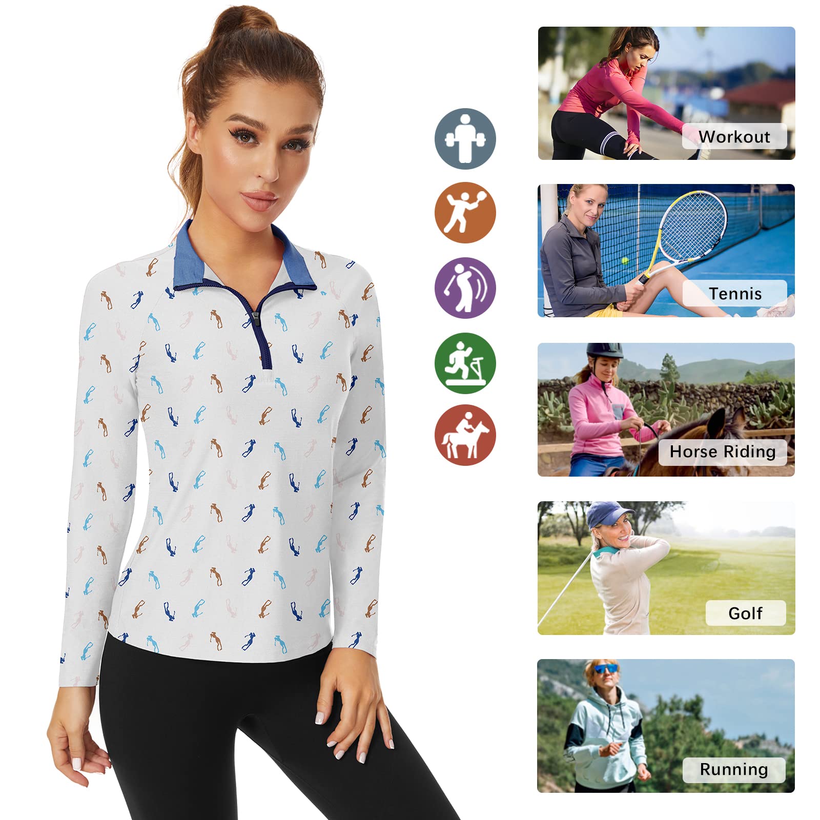 Women's Golf Shirt Long Sleeve 1/4 Zip Pullover Tennis Shirts Running Hiking Outdoor Tops (Print White, S)
