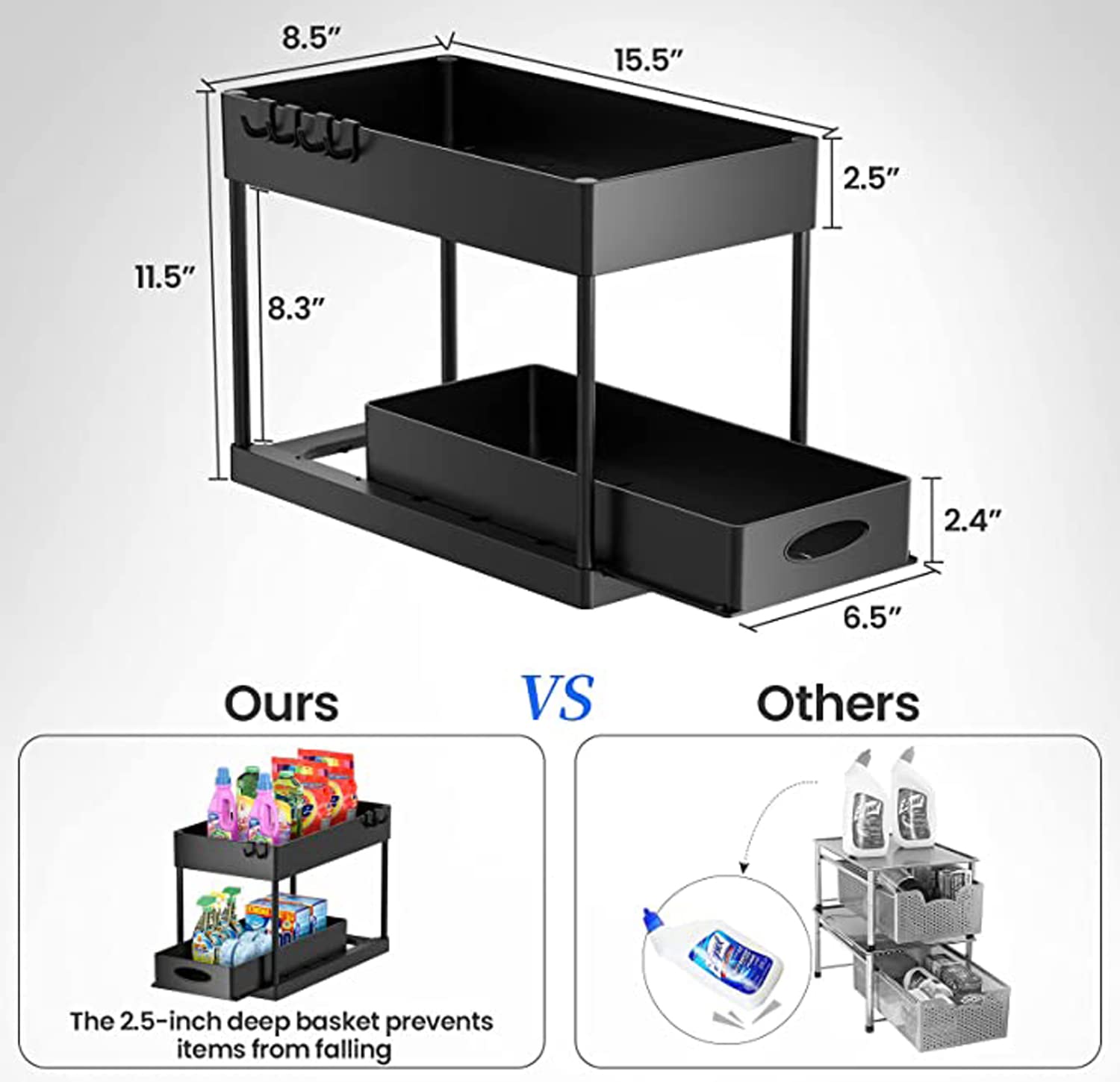 Under Sink Organizers and Storage, 2 Tier Under Cabinet Organizer with Hooks, Slide Out Bathroom Organizer for Bathroom and Kitchen, Black
