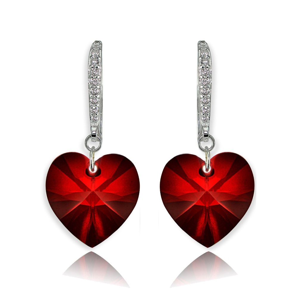 Red Earrings for Women Sterling Silver European Crystals Love Heart Dangle EarringsValentines Gift