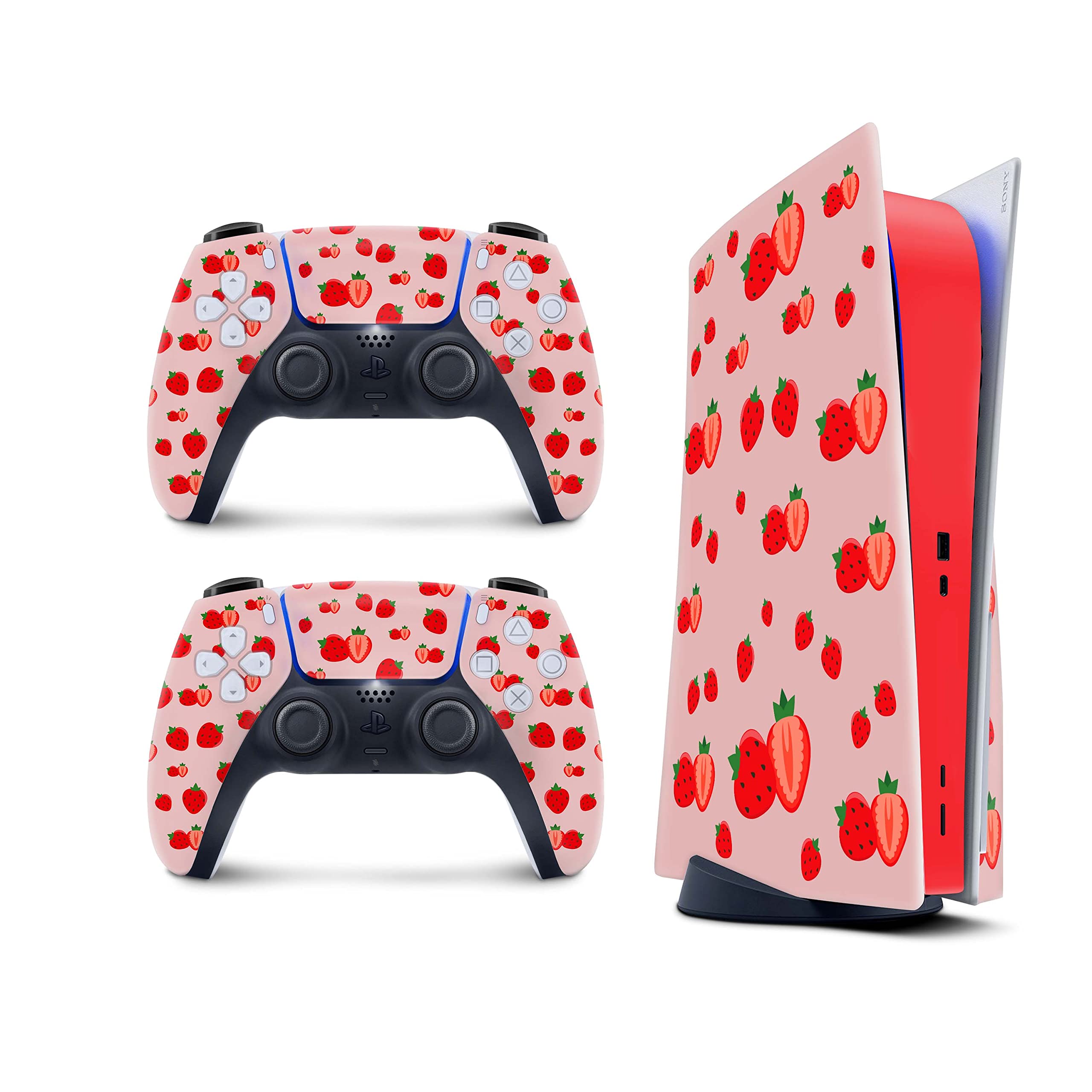 TACKY DESIGN PS5 Strawberry Skin for PlayStation 5 Console and 2 Controllers, Pink skin Vinyl 3M Decal Stickers Full wrap Cover (Disk Edition)