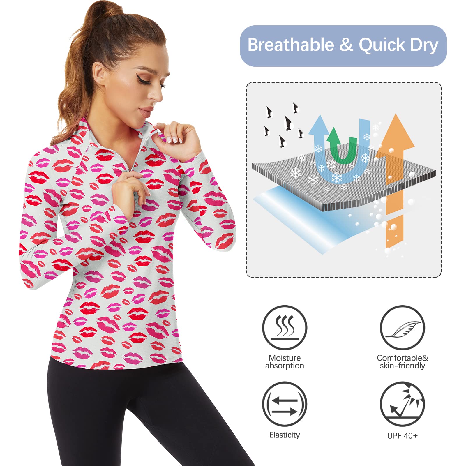 Women's Golf Shirt Long Sleeve 1/4 Zip Pullover Tennis Shirts Running Hiking Outdoor Tops (Print A, S)
