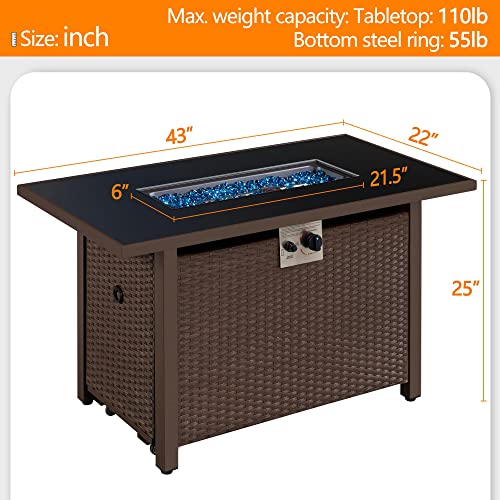 Yaheetech 43 Inch 50,000 BTU PE Rattan Propane Fire Pit with Tempered Glass Tabletop and Rain Cover, Gas Fire Pit with Lid and Fire Glass for Outdoor Heating/Patio/Terrace, Auto-Ignition, Brown