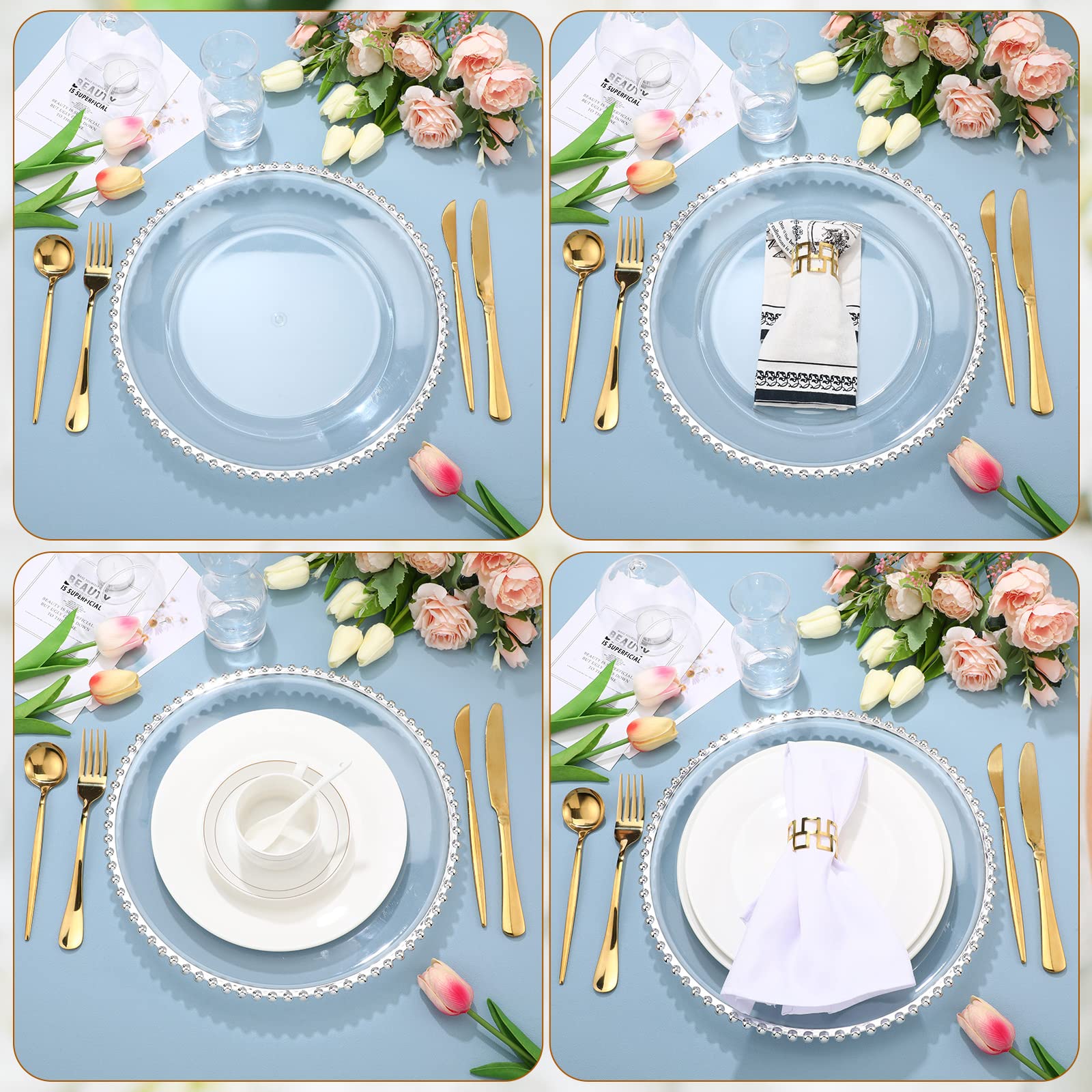 Weewooday 30 Pieces Silver Plastic Beaded Charger Plates 13 Inch Round Dinner Chargers Bead Clear Service Plates for Wedding Birthday Party Events Bridal Shower Dinner Tabletop Decoration