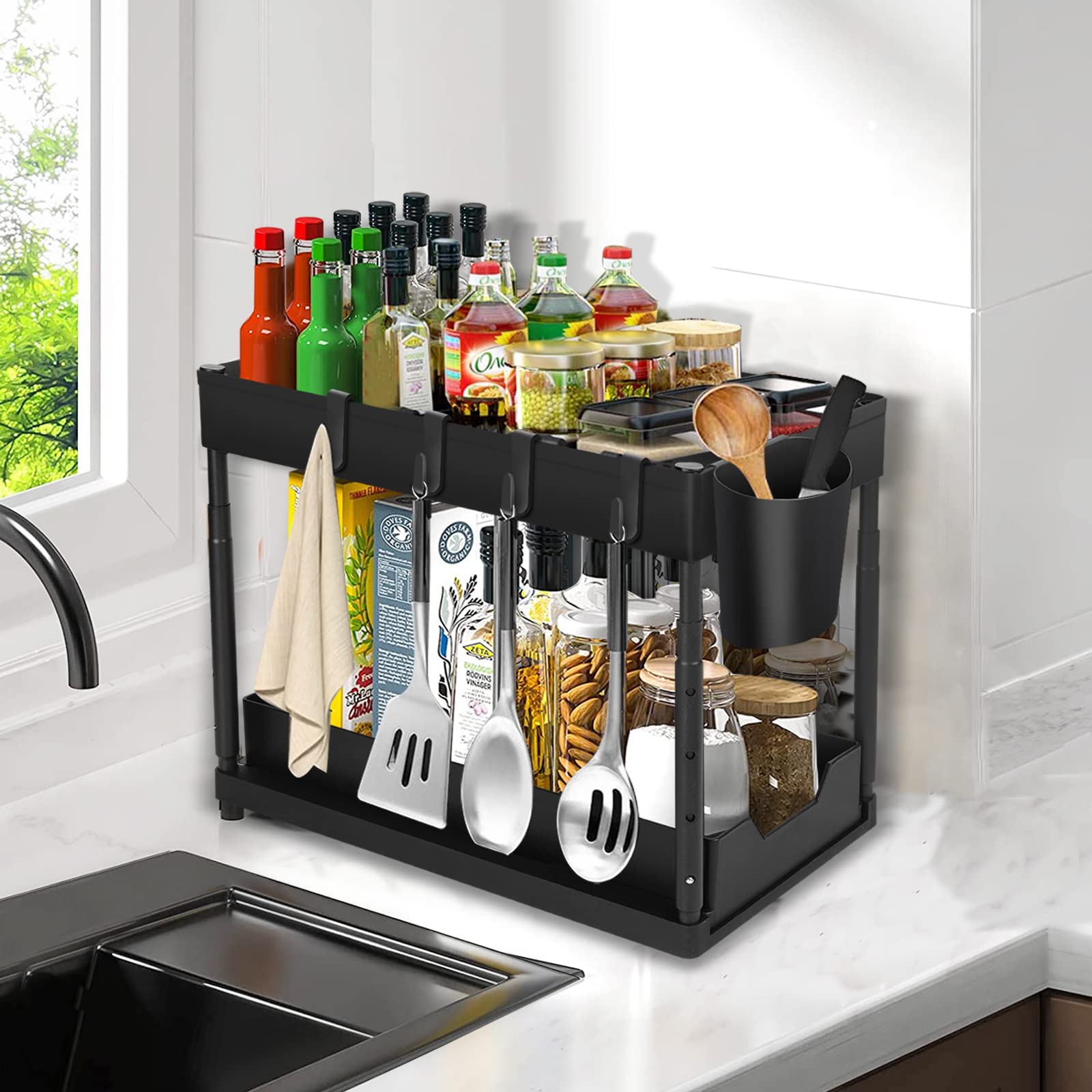 Under Sink Organizers and Storage, Adjustable Height Sliding Under Bathroom Cabinet Storage Organizer, 2 Tier Under Kitchen Sink Organizer with 4 Hooks, 4 Hanging Cup for Bathroom, Kitchen (Black)
