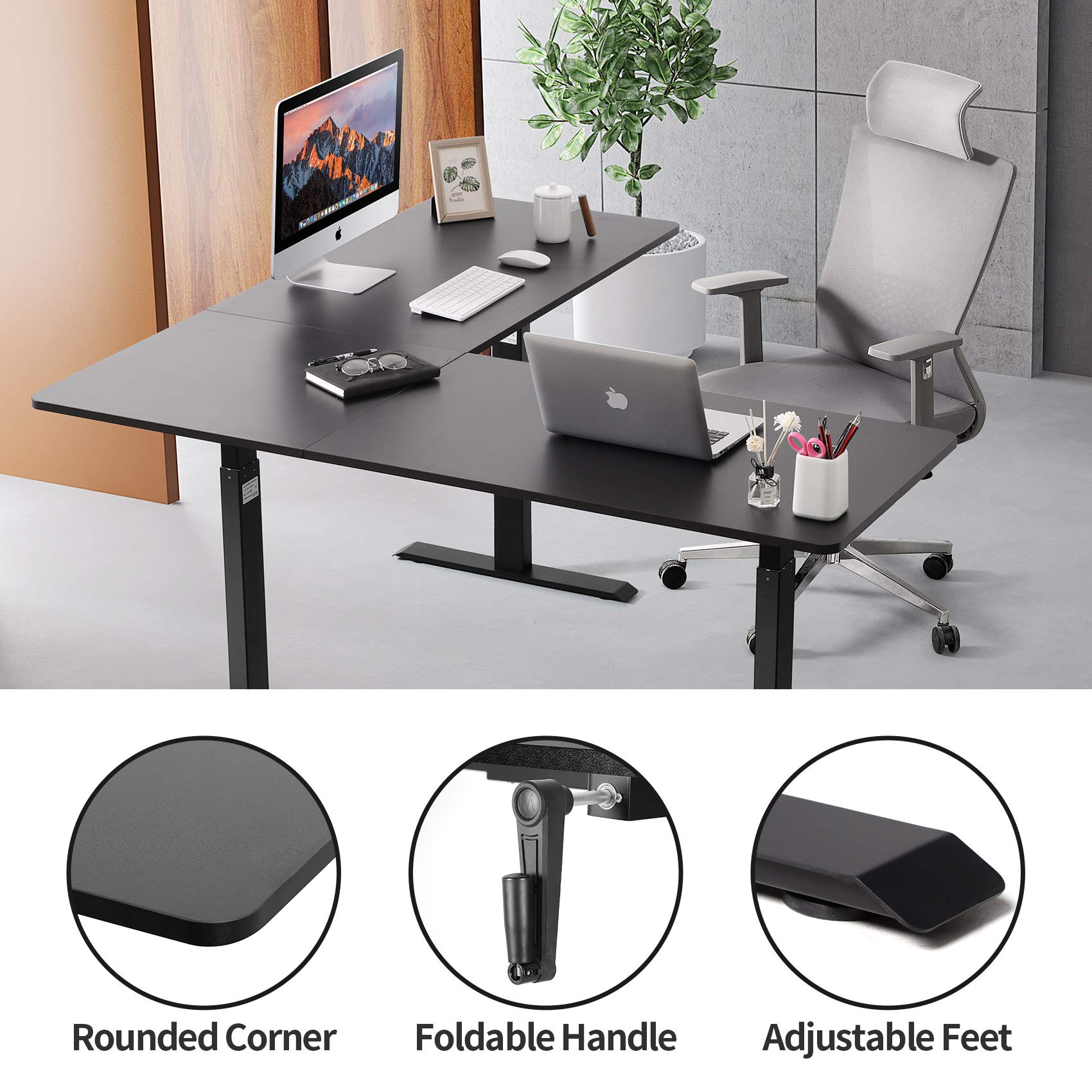 UNICOO – L Shaped Crank Height Adjustable Standing Desk, Sit to Stand up Corner Desk, L-Shaped Standing Workstation (Black Frame/Black Top - L Shape Crank)
