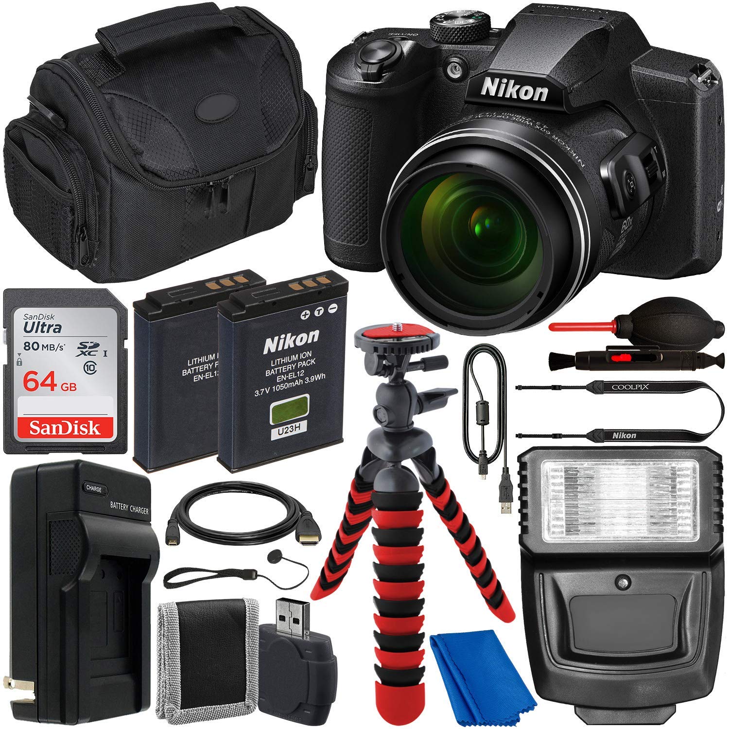 Nikon COOLPIX B600 Digital Camera (Black) with Accessory Bundle – Includes: SanDisk Ultra 64GB SDXC Memory Card, Extended Life Replacement Battery (EN-EL12) with Charger, Slave Flash & More (Renewed)