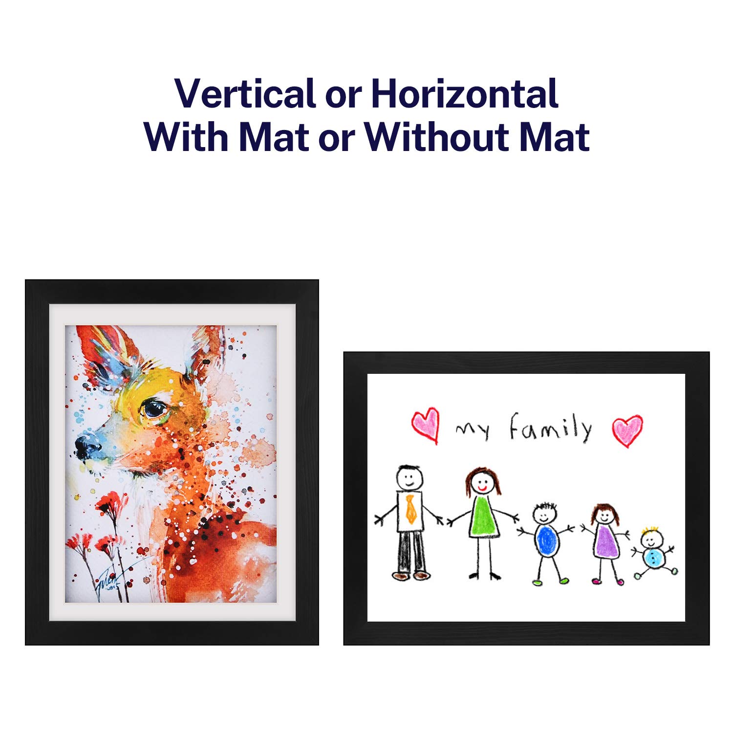 ONE WALL Kids Artwork Picture Frame Display 8.5x11 with Mat or 9.9x12.7 Without Mat, Black Wood Frame with Tempered Glass Front Opening for Kids Drawings, Artworks, Art Projects, Schoolwork, 2-Pack