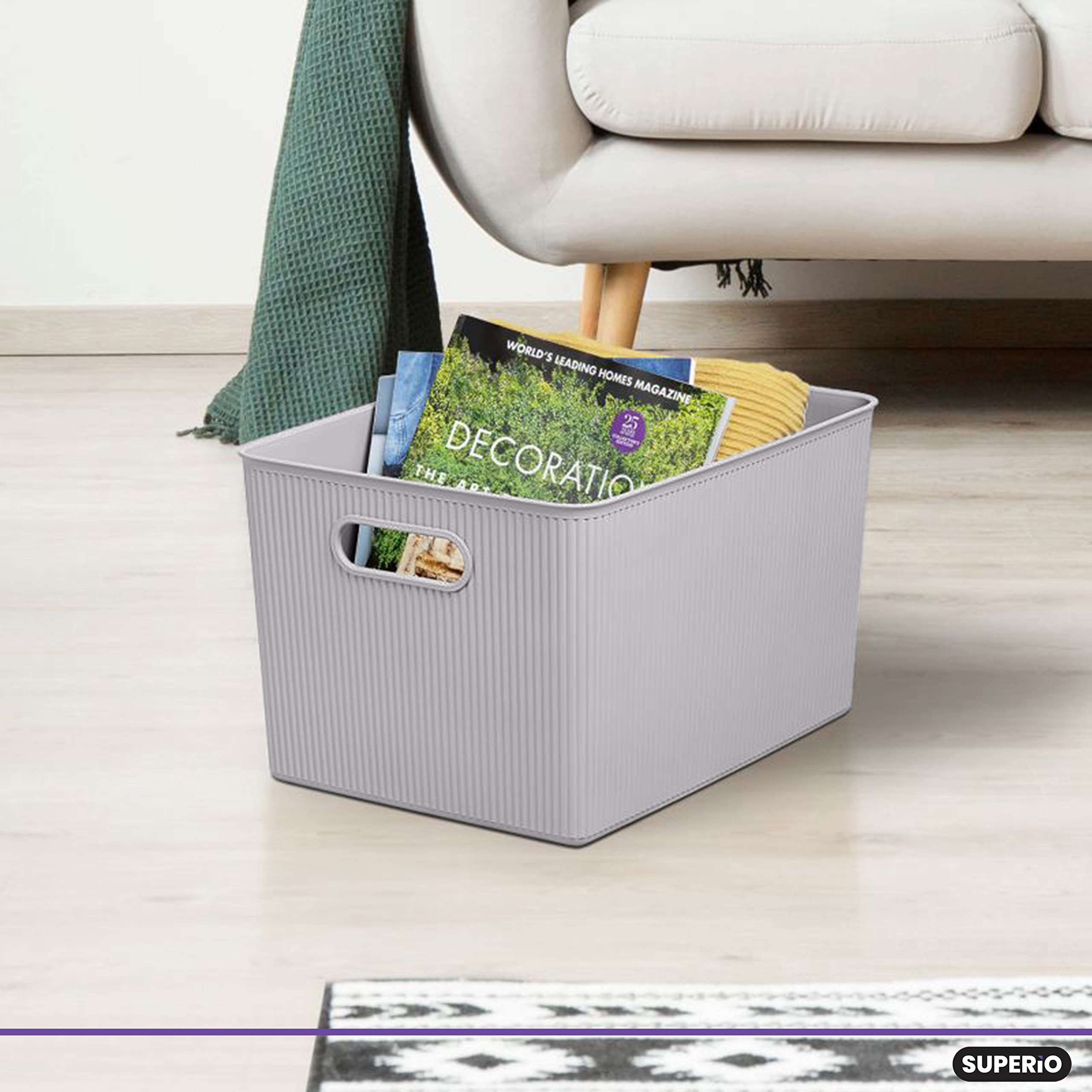 Superio Ribbed Collection - Decorative Plastic Open Home Storage Bins Organizer Baskets, X-Large White Smoke (1 Pack) Container Boxes for Organizing Closet Shelves Drawer Shelf 22 Liter/23 Quart