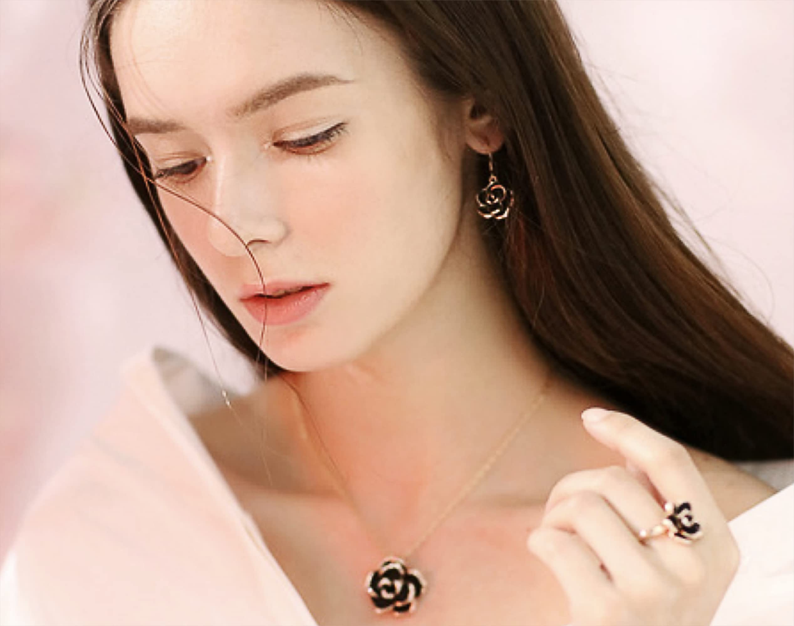 Rose Gold Plated Black Rose Flower Dangle Drop Earrings Fashion Jewelry for Women