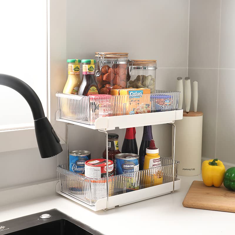 Under Sink Organizer 2-Tier Sliding Under Cabinet Bathroom Sink Organizer, Multi-Purpose Under Sink Storage Shelf Rack for Bathroom Kitchen, Clear