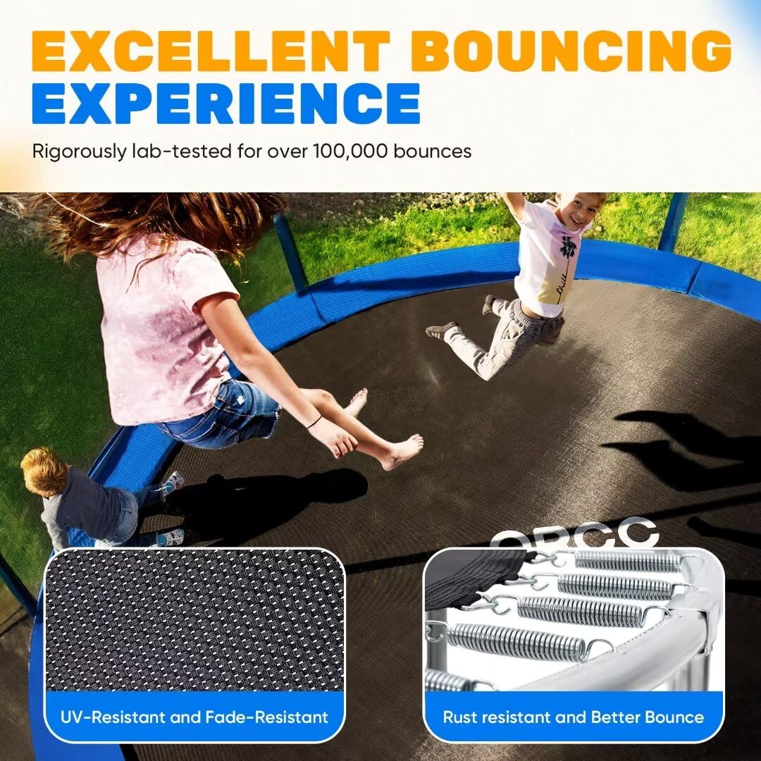 ORCC 1200LBS Weight Capacity 16 15 14 12 10ft Trampoline for Kids and Adults Outdoor Trampolines with Safety Enclosure Net Wind Stakes Non-Slip Ladder