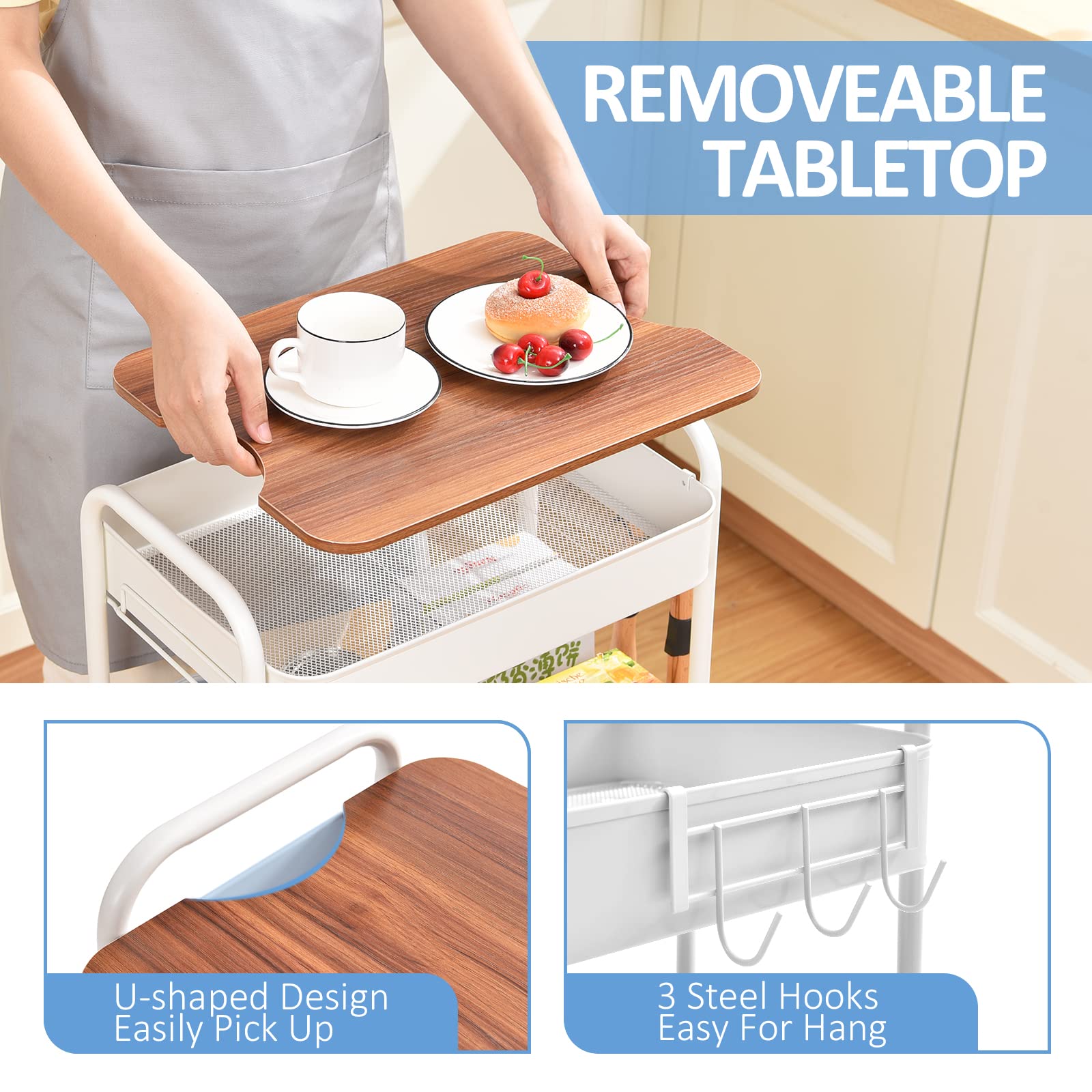 TOOLF 3-Tier Rolling Cart, Metal Utility Cart with Detachable Tray Top, Storage Craft Art Cart Trolley Organizer Serving Cart Easy Assembly for Office, Bathroom, Kitchen, Kids' Room, Classroom