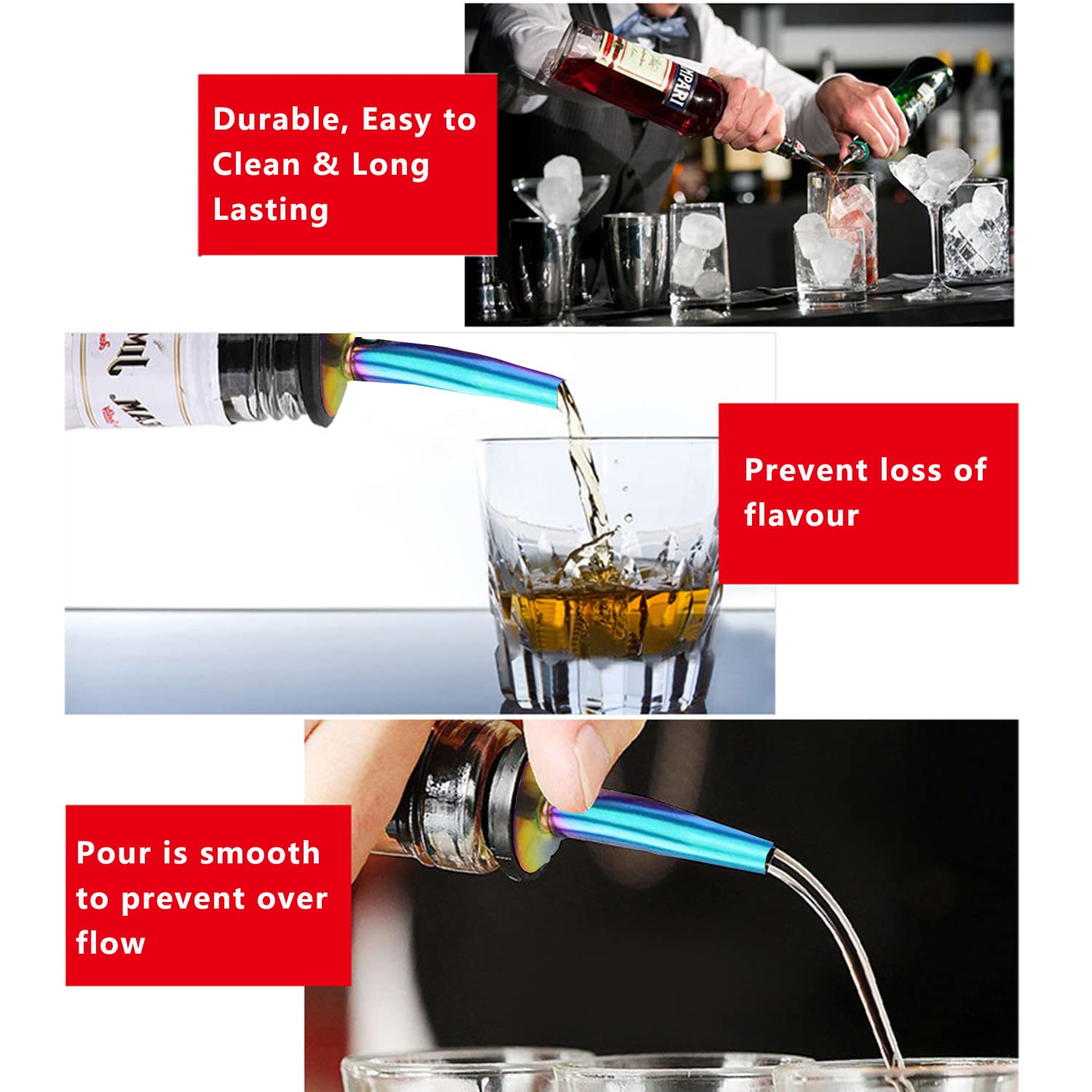 WAFJAMF 2 Pcs Liquor Pour Spouts, Stainless Steel Liquor Bottle Pourers with Rubber Dust Caps & Cleaning Brush,for Pours Liquid, Olive Oil, Wine (Rainbow)