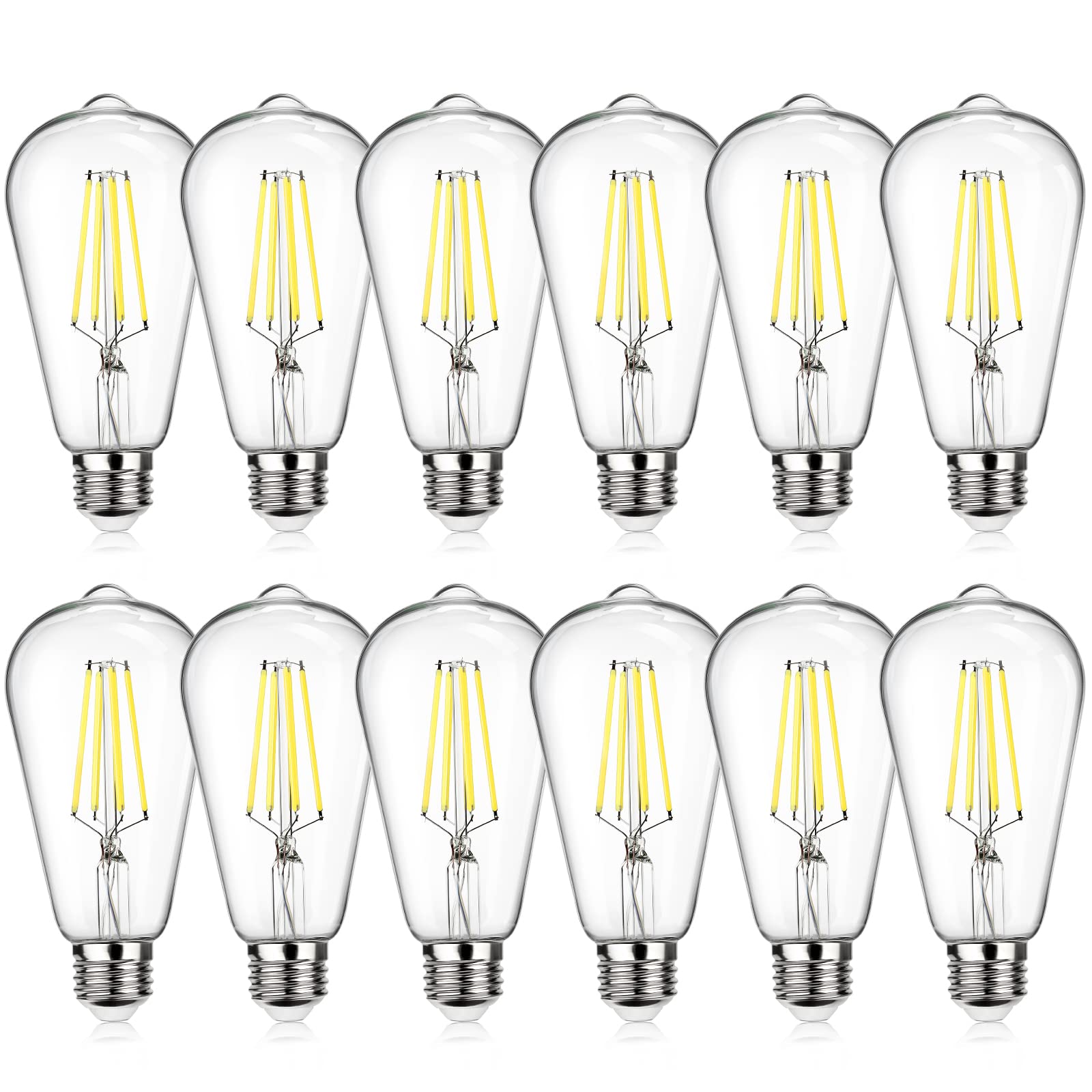 Vintage LED Edison Bulb 8W, 100W Equivalent, Daylight White 5000K, 1200 Lumens Brightness, ST64 Antique LED Filament Bulbs, E26 Base Lighting for Home Bedroom Office, Non-Dimmable, Pack of 12