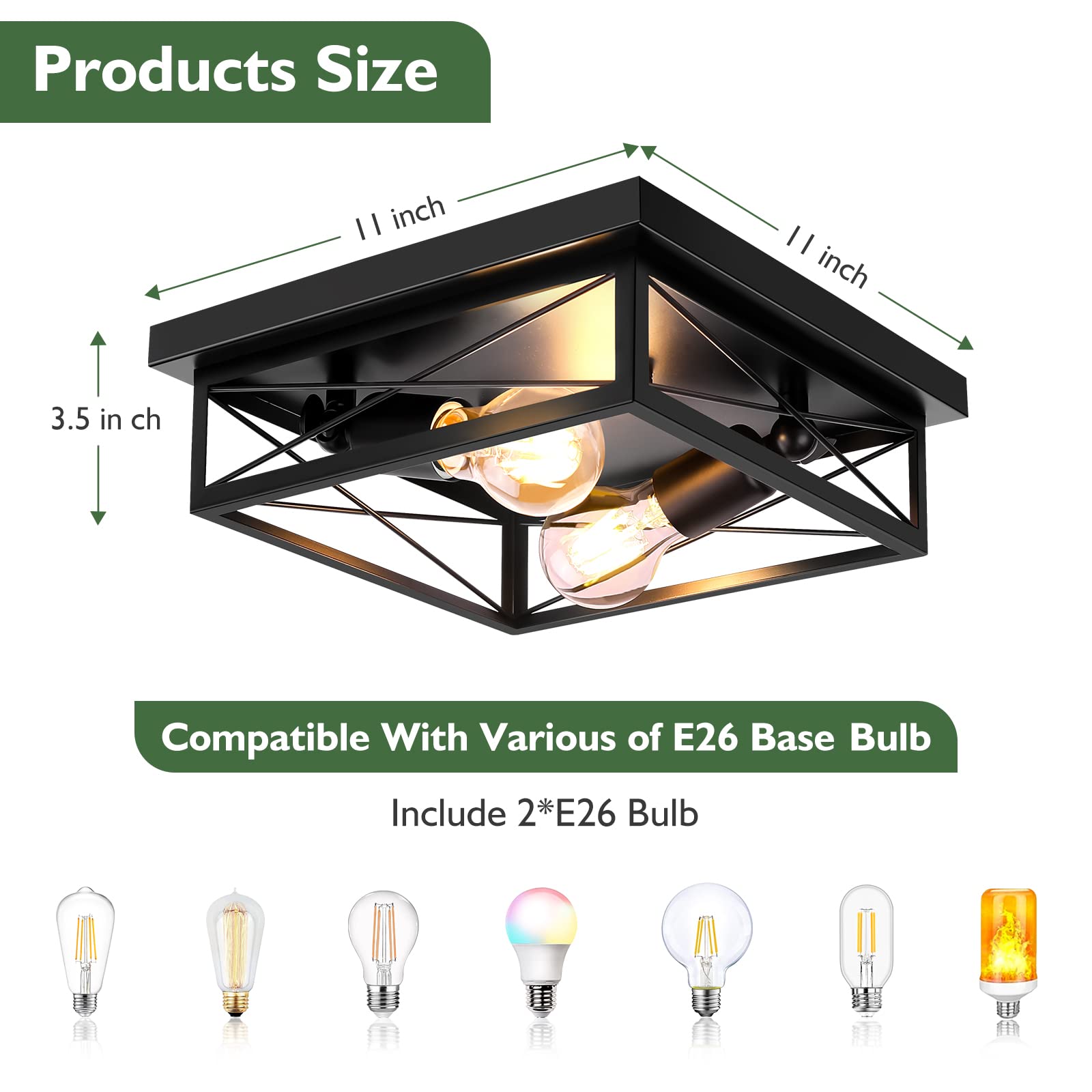 ONELEJA Black Rustic Flush Mount Ceiling Light Fixture, 2 lights Industrial Square Metal Cage Farmhouse Ceiling Light for Hallway Entryway Kitchen Bedroom Porch